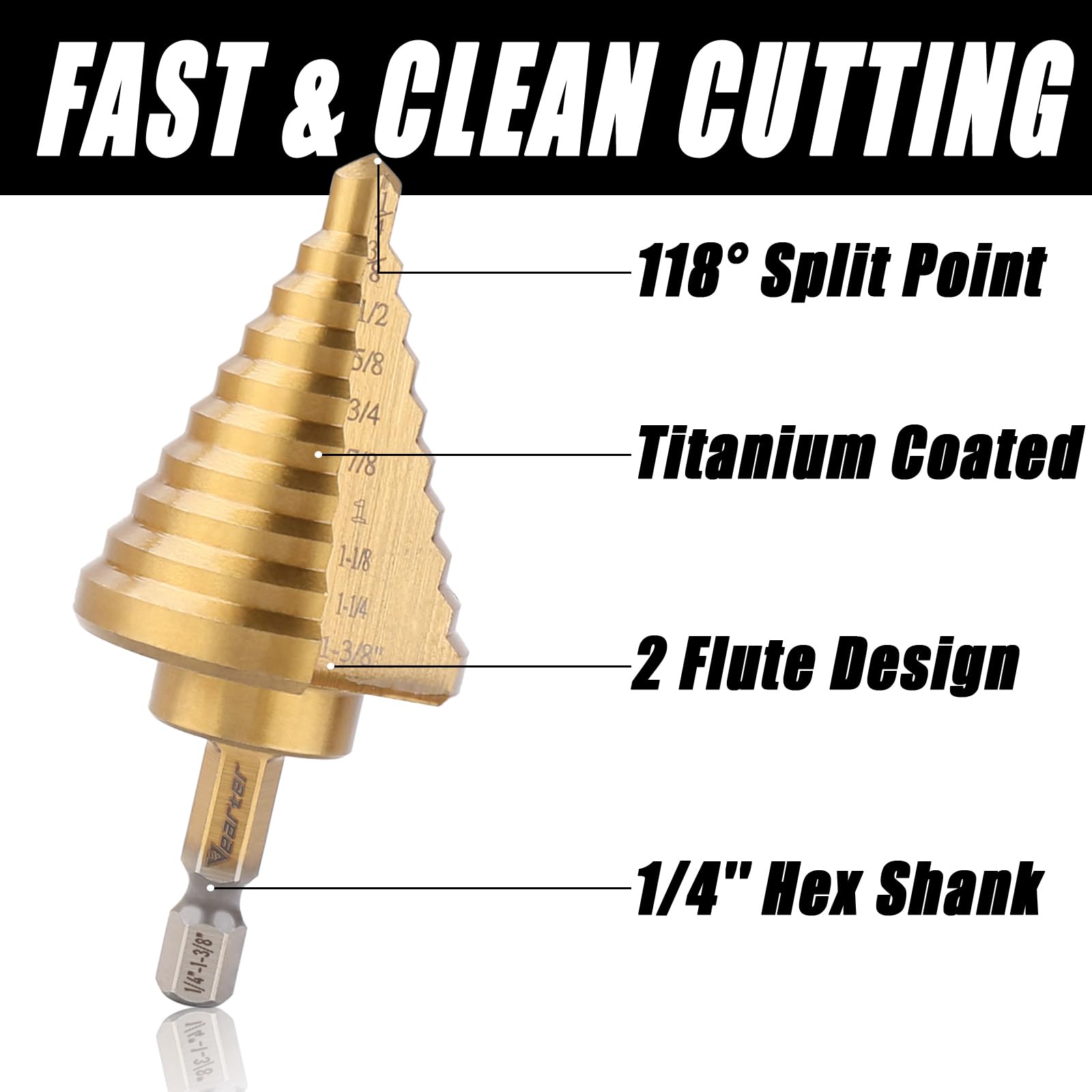 Vearter HSS Straight Groove Step Drill Bits, 1/4" - 1-3/8" Unibit 10 Steps M2 Material Titanium Coated Hex Shank for Drilling Holes in Stainless Steel Aluminium Sheet Metal Wood Plastic PVC