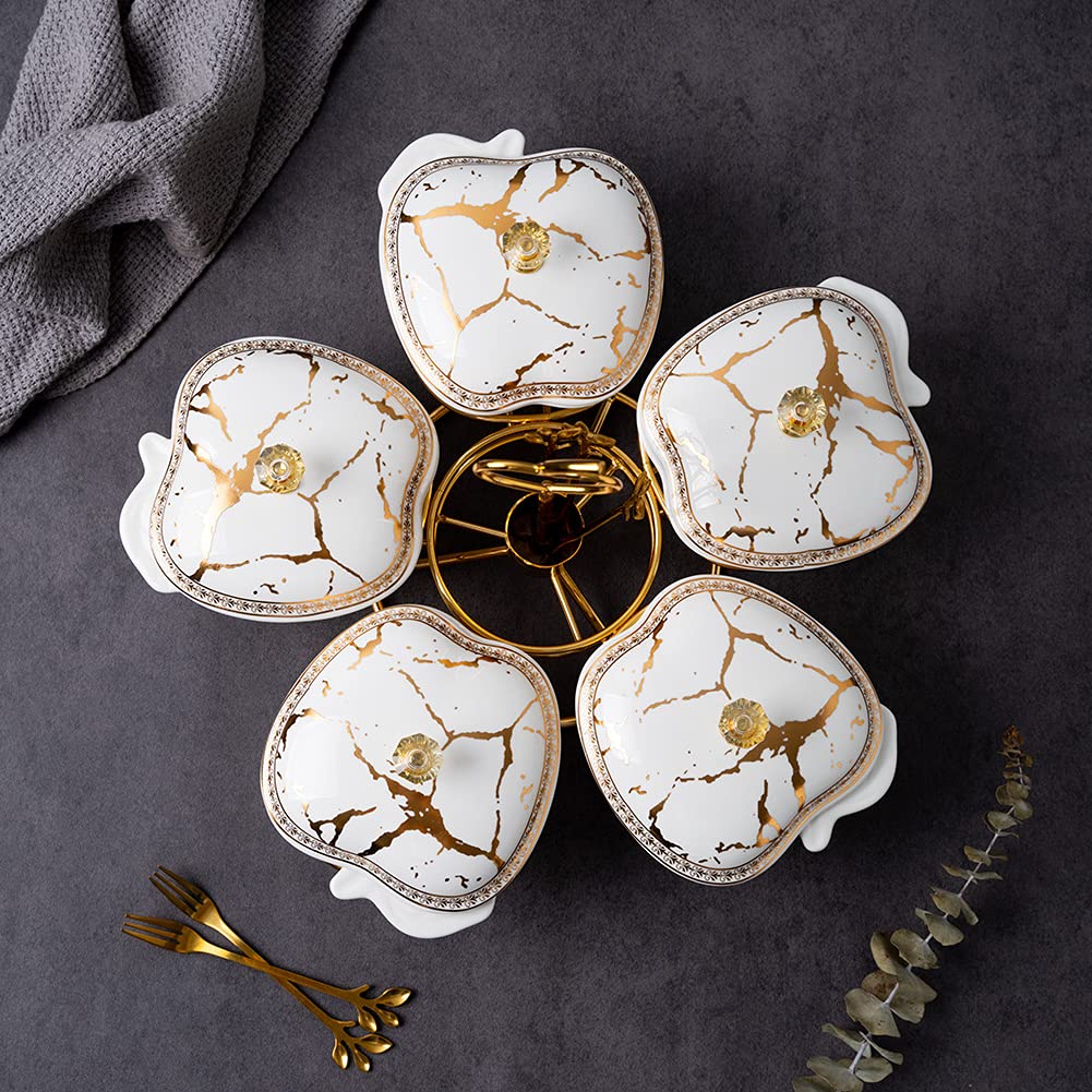 PASIGRO Ceramic Condiment Serving Tray,Rotating Snack Tray,Candy and Nut Porcelain Divided Serving Platter,Veggie Snack Containers,Ceramic Food Storage with Golden Iron Frame (White)