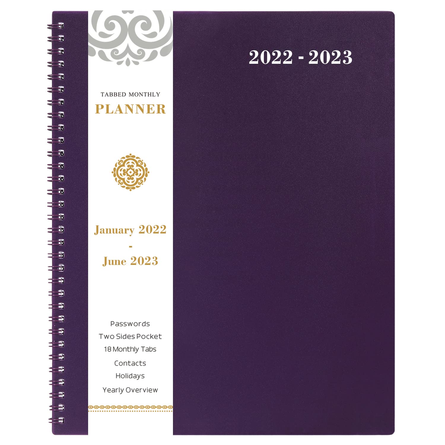 Monthly Planner 2022-2023 - 18-Month Planner with Tabs, Pocket, Label, Contacts and Passwords, 8.5" x 11", Jan. 2022 - Jun. 2023, Twin-Wire Binding - Purple by Artfan