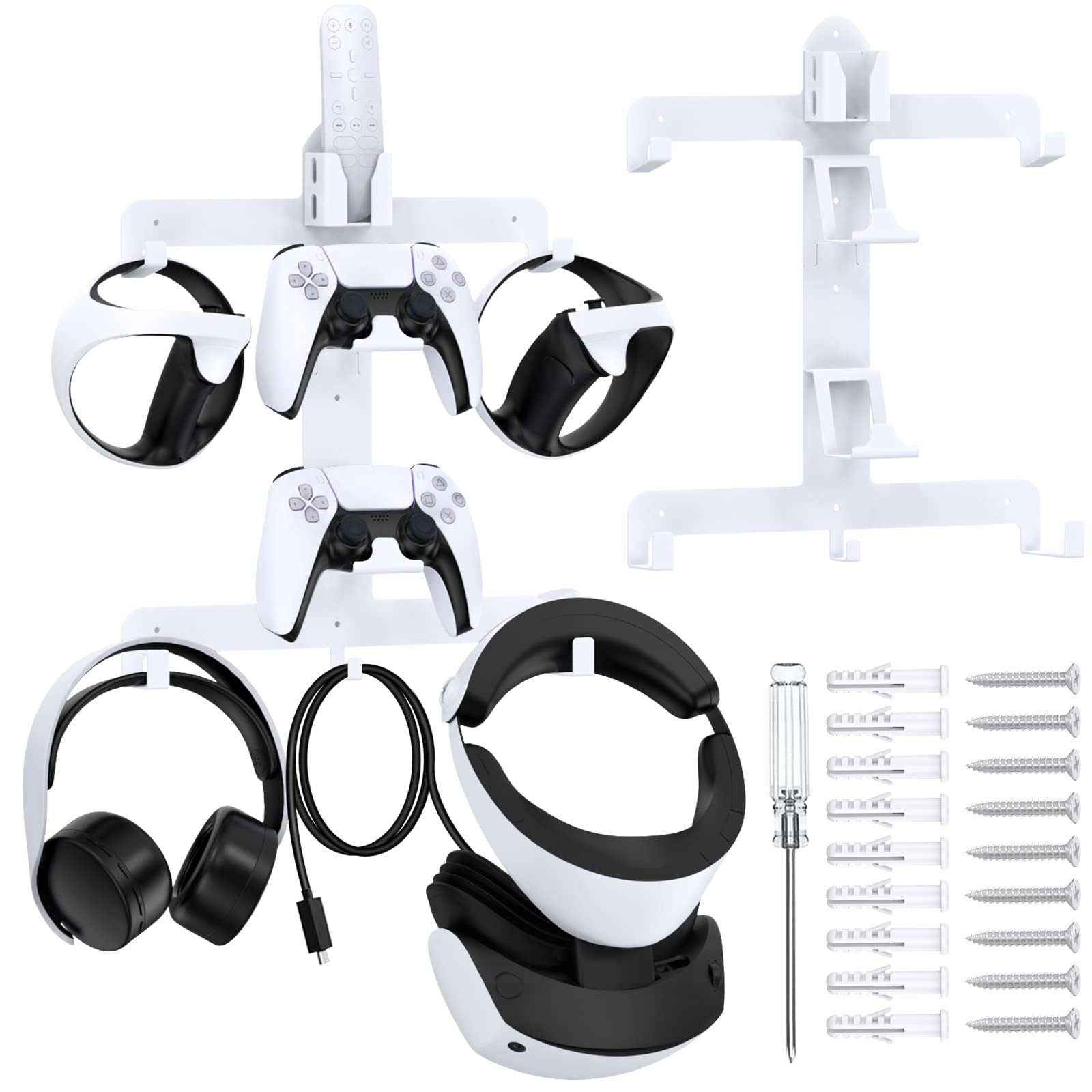 Wall Mount Stand for PS5 VR2 Gaming Accessories, Sturdy Steel Wall Mount Bracket for PS VR2 Headset, Controllers, Remote and Cable, Game Organizer with Controller Holder and Headset Stand for PSVR2