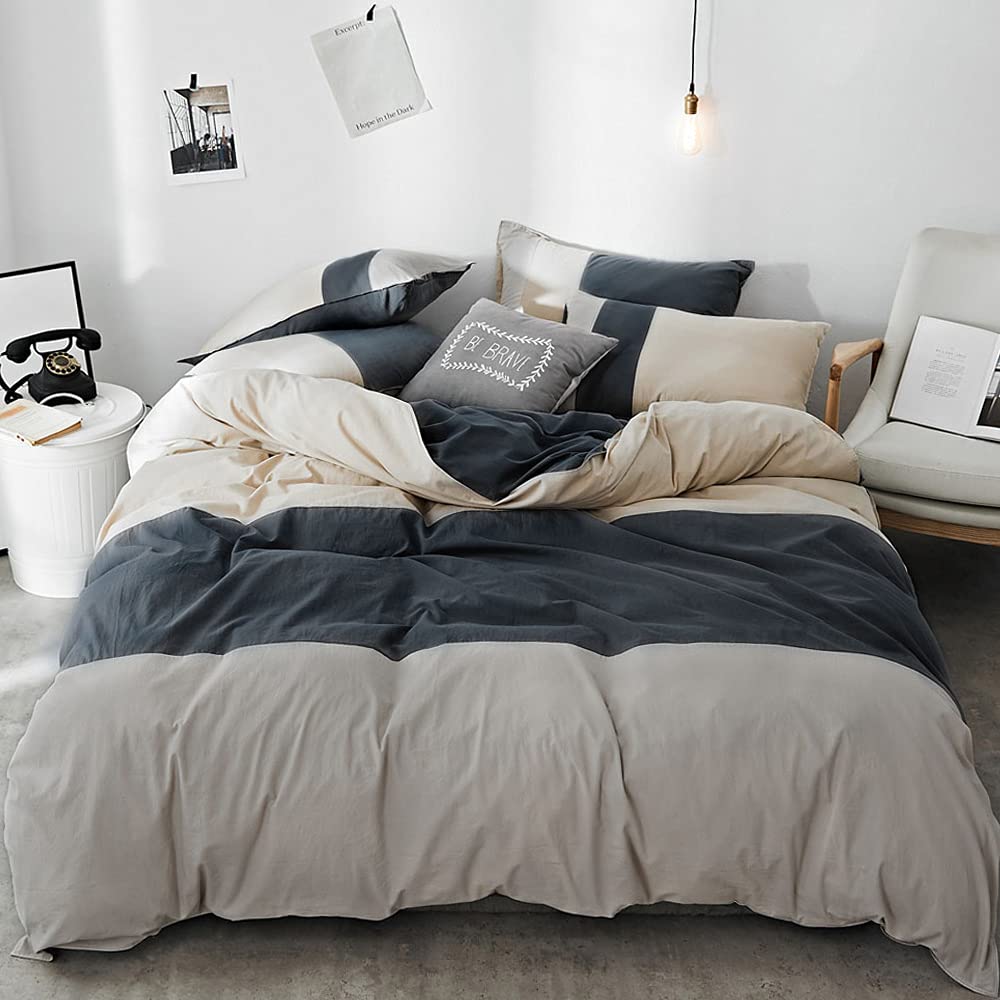 mixinni Super Soft Cotton 3 Piece Grey/Beige Striped Patchwork Queen/Full Duvet Cover Set with Zipper Ties,includes 1 Duvet Cover, 2 Shams