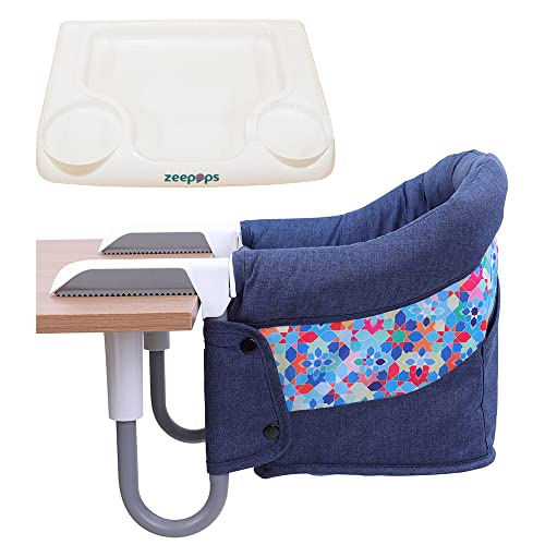 zeepops Hook On Table High Chair with Tray for Babies and Toddlers, Clip On Table Chair Portable, Fold-Flat Compact for Home, Dining Out and Travel (Denim Garden)