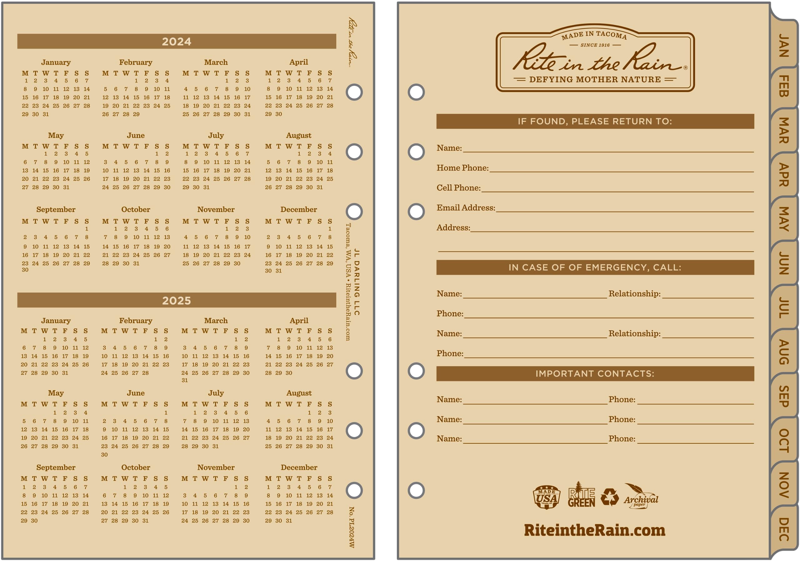 Rite in the Rain 2024 Dated Weekly Loose Leaf Calendar Set, 5β x 7β, Tan Sheets, 365 Days (No. PL2024W)
