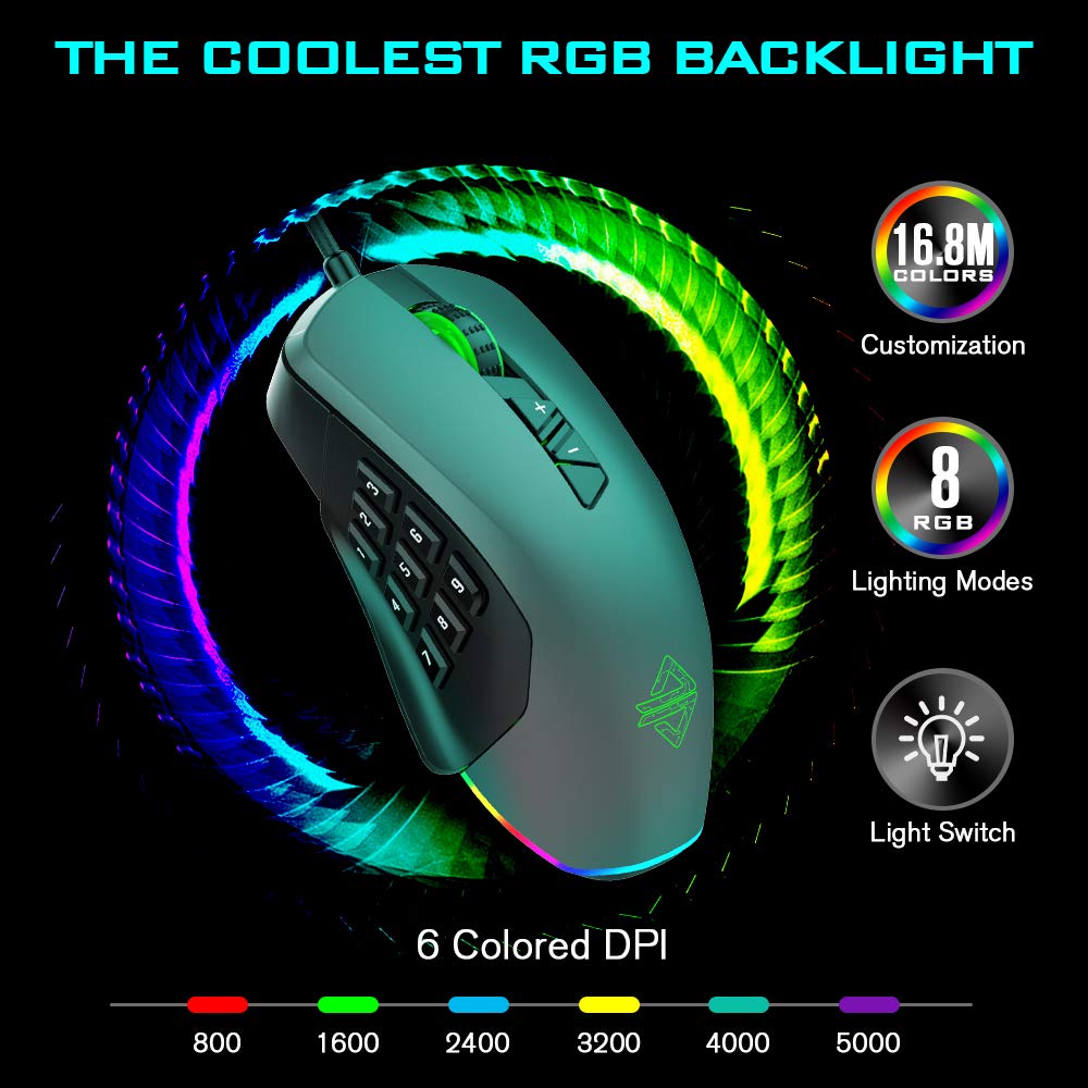 NACODEX GTI Modular Gaming Mouse Wired, Adjustable DPI RGB Backlit, MMO Gaming Mice with 14 Programmable Buttons, Palm/ Claw Grip Ergonomic for PC Gamer (Gray)