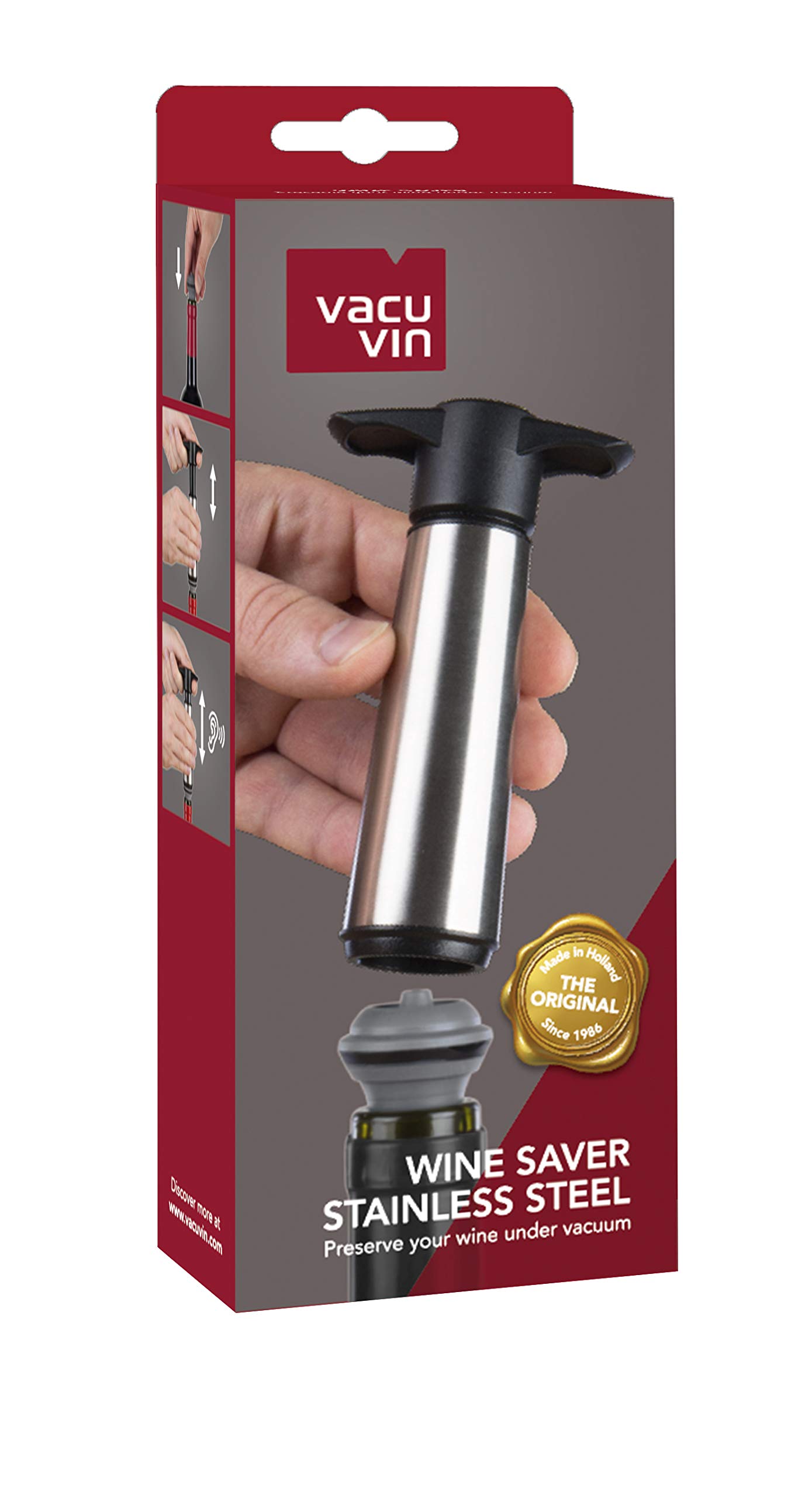 Vacu Vin Wine Saver Pump Stainless Steel with Vacuum Wine Stopper - Keep Your Wine Fresh for up to 10 Days - 1 Pump 2 Stoppers - Reusable - Made in the Netherlands