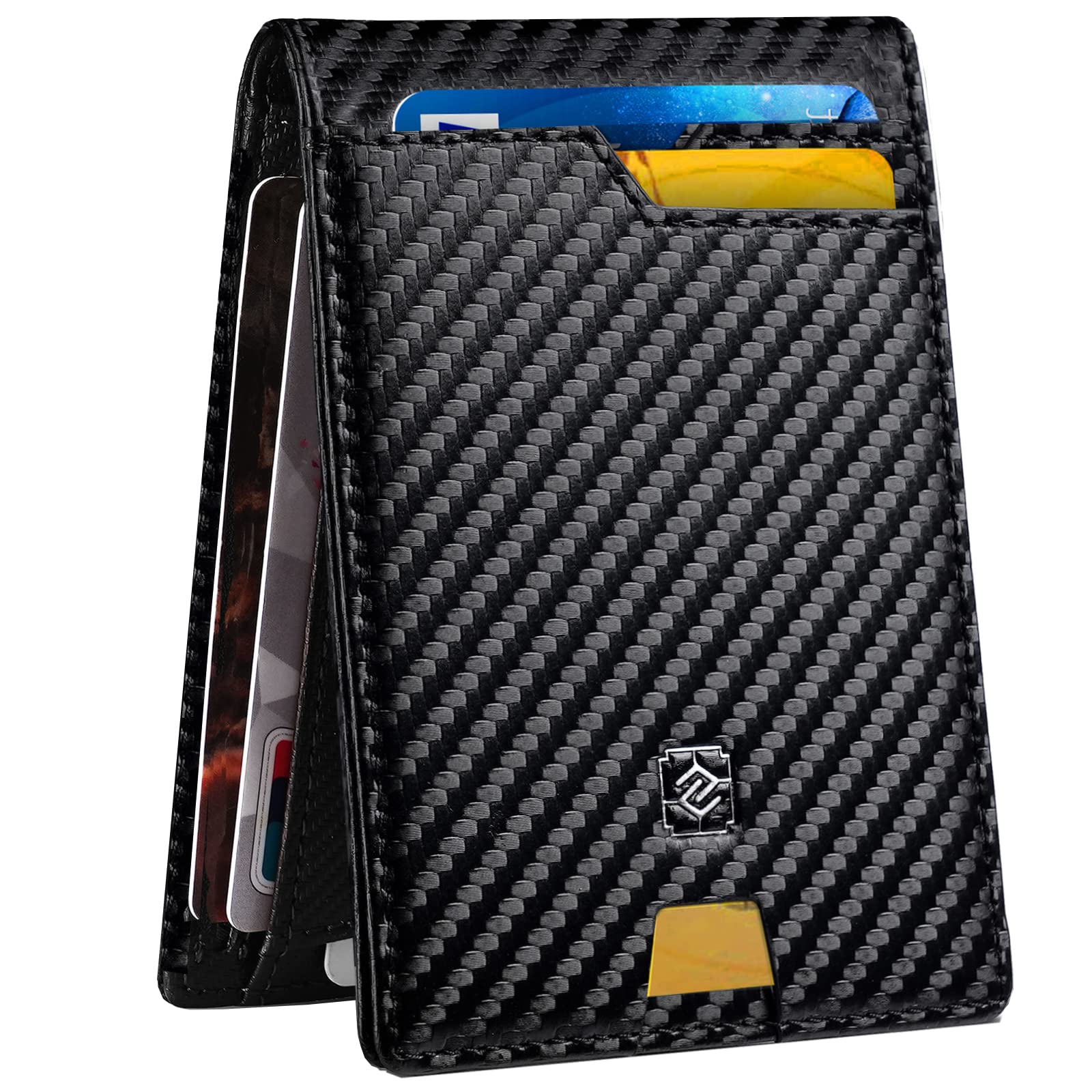 SHOUCANGAR Wallet for Men Slim Minimalist Leather Carbon Fiber Wallet RFID Blocking Credit Card Holder With Gift Box