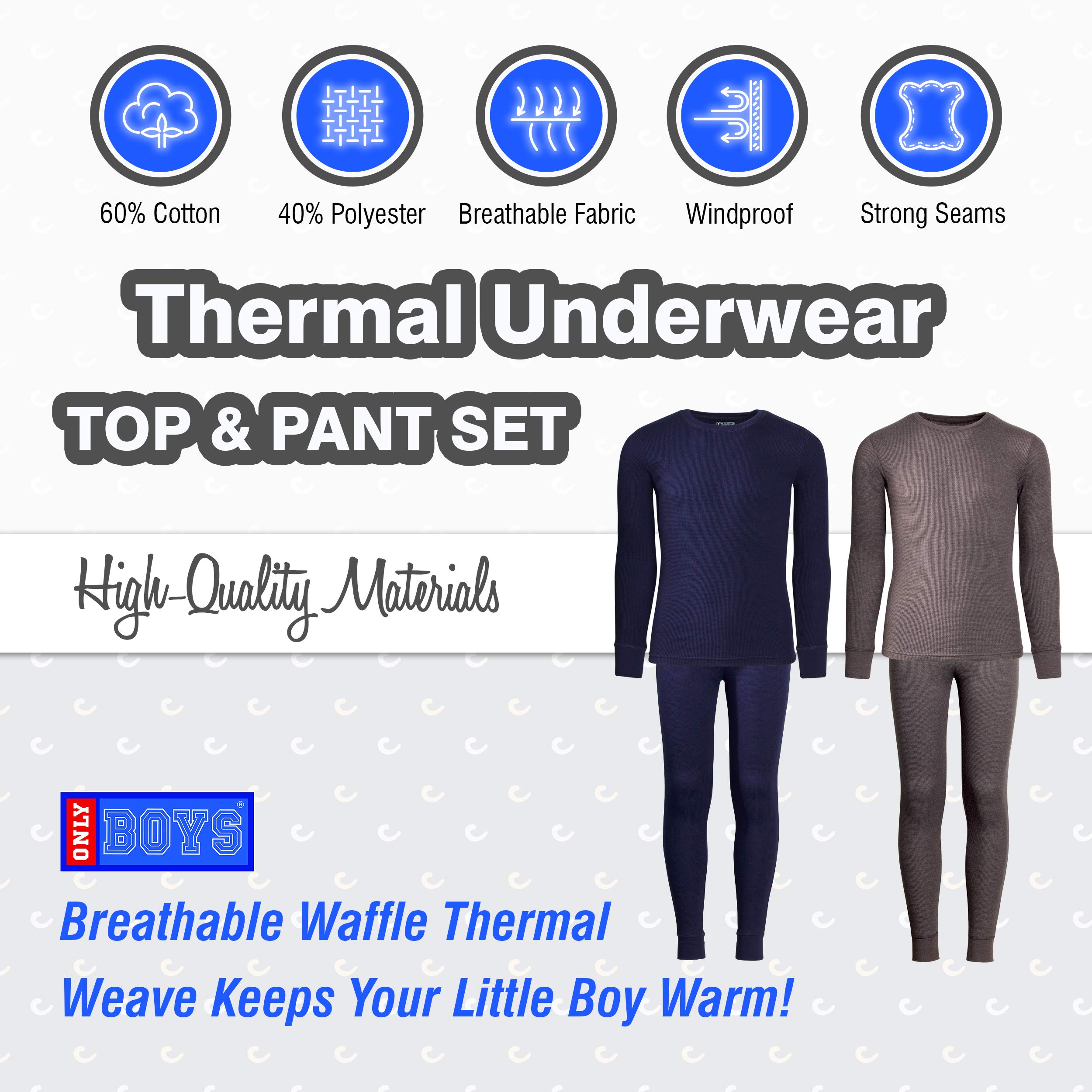 ONLY BOYS Thermal Underwear Set 4 Piece Waffle Knit Top and Long Johns (2T-16), Size 1214, CharcoalDark Blue