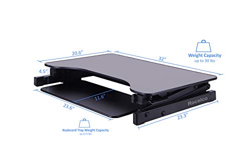 Rocelco 32" Height Adjustable Standing Desk Converter - Quick Sit Stand Up Dual Monitor Riser - Gas Spring Assist Tabletop Computer Workstation - Large Retractable Keyboard Tray - Black (R ADRB)