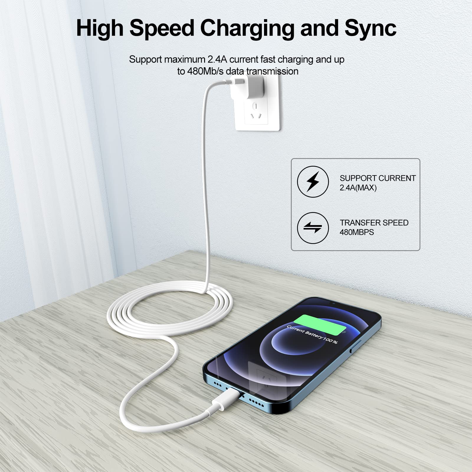 WPVBAM 4-Pack[MFi Certified] iPhone Charger Cord 10 ft Long,USB to Lightning Cable,Black