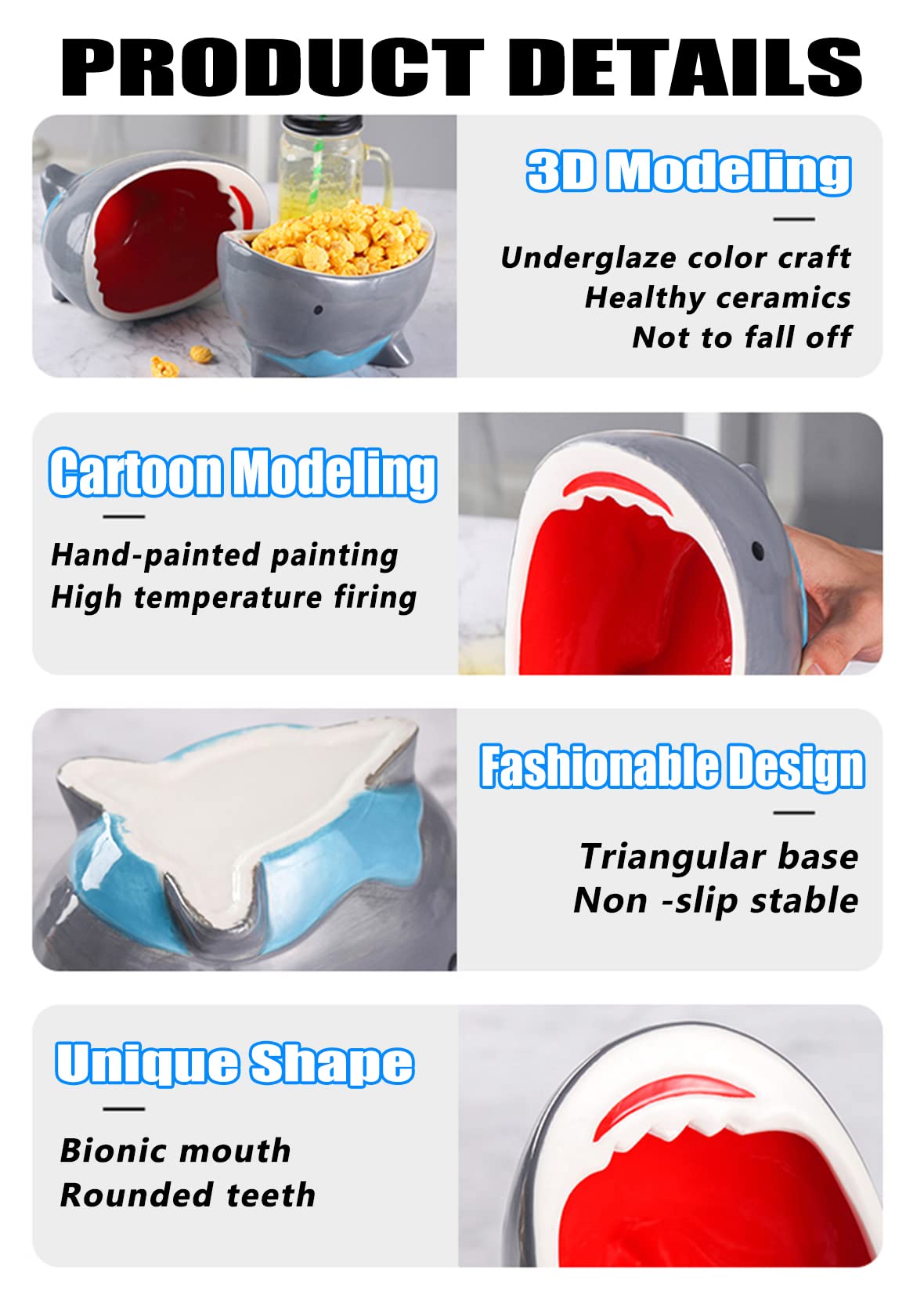 Sepnoic 40 oz Shark Attack Bowl Cute Candy Popcorn Serving Bowl Ceramic, 3D Cartoon Large Storage Bowls for Fruit Key Party Decoration Holiday Gifts, Blue Grey