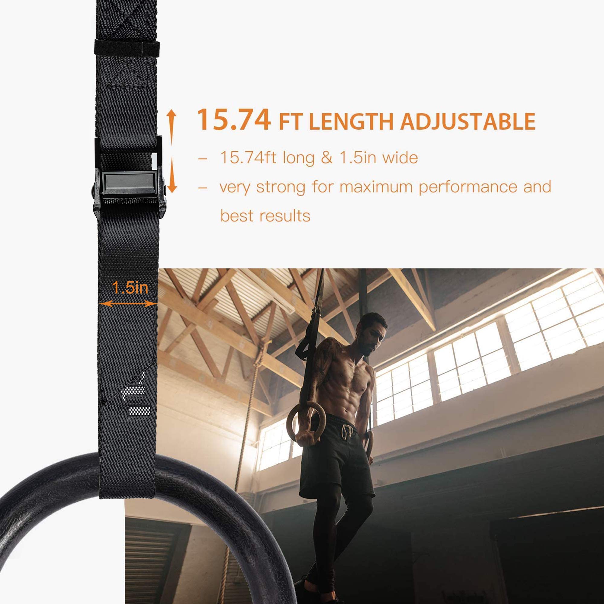 PACEARTH Gymnastic Ring Straps 15.74ft Adjustable with Scale Support 1763lbs Olympic Gym Rings Straps for Home Gym Training Workout Fitness Conditioning Pull Ups and Dips Exercises Equipment - Pair