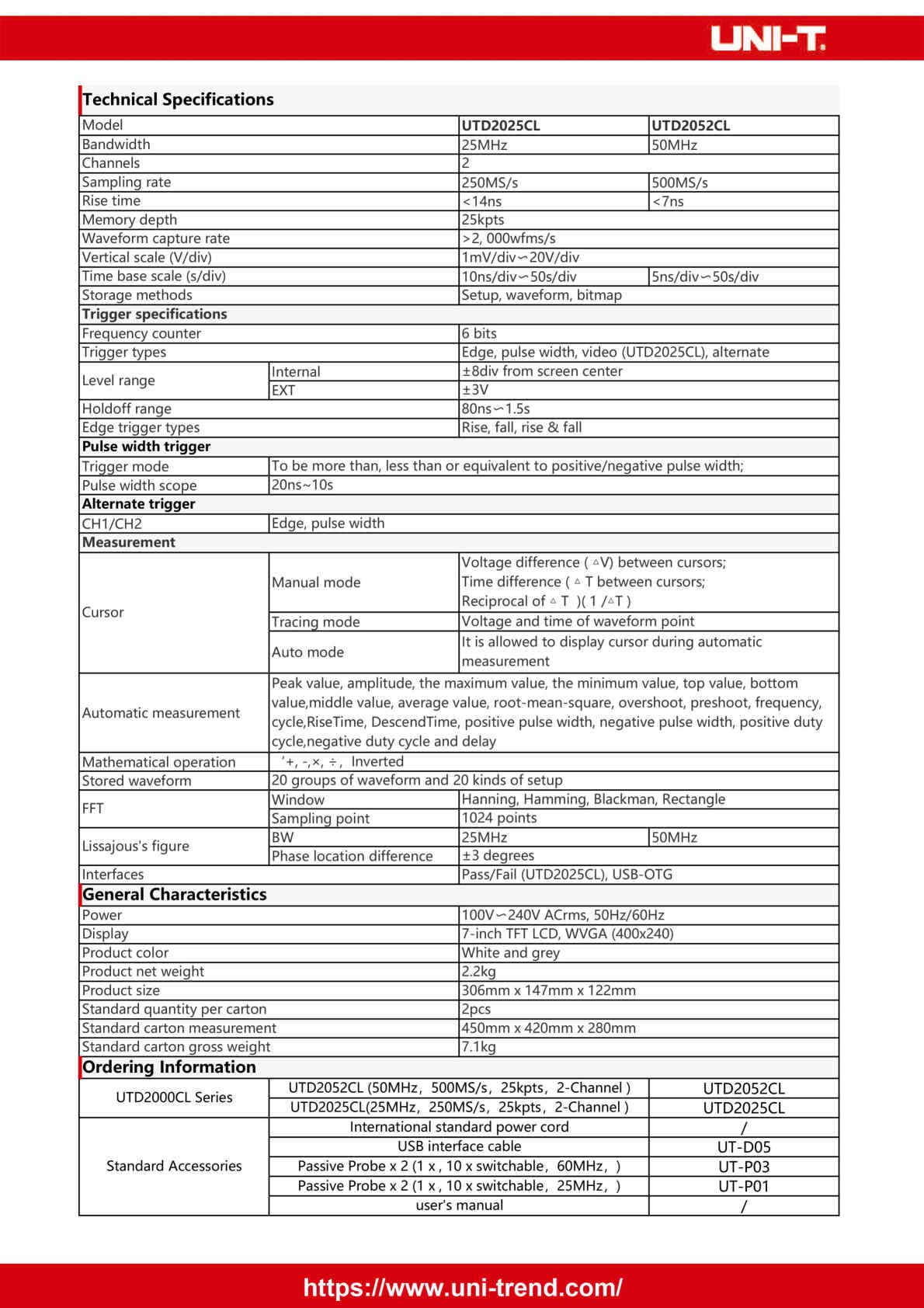 UNI-T UTD2000CL Series UTD2052CL/UTD2025CL Economical Digital Oscilloscope 2CH UTD2052CL (UTD2025CL 25MHz)