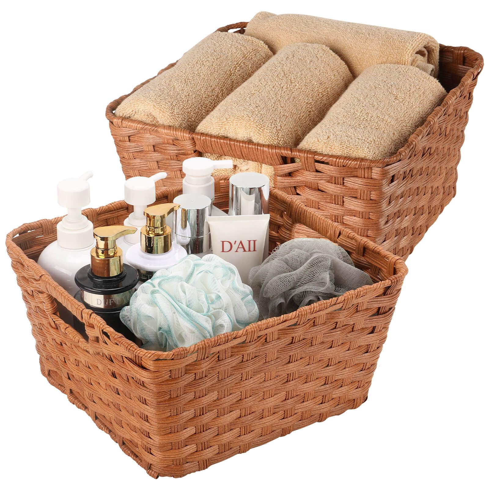 Onlytak Wicker Storage Baskets, Baskets for Shelves, Toilet Paper Storage Baskets, Woven Storage Baskets for Organizing, Caramel Orange, 12" x 12" x 6", 2-Pack