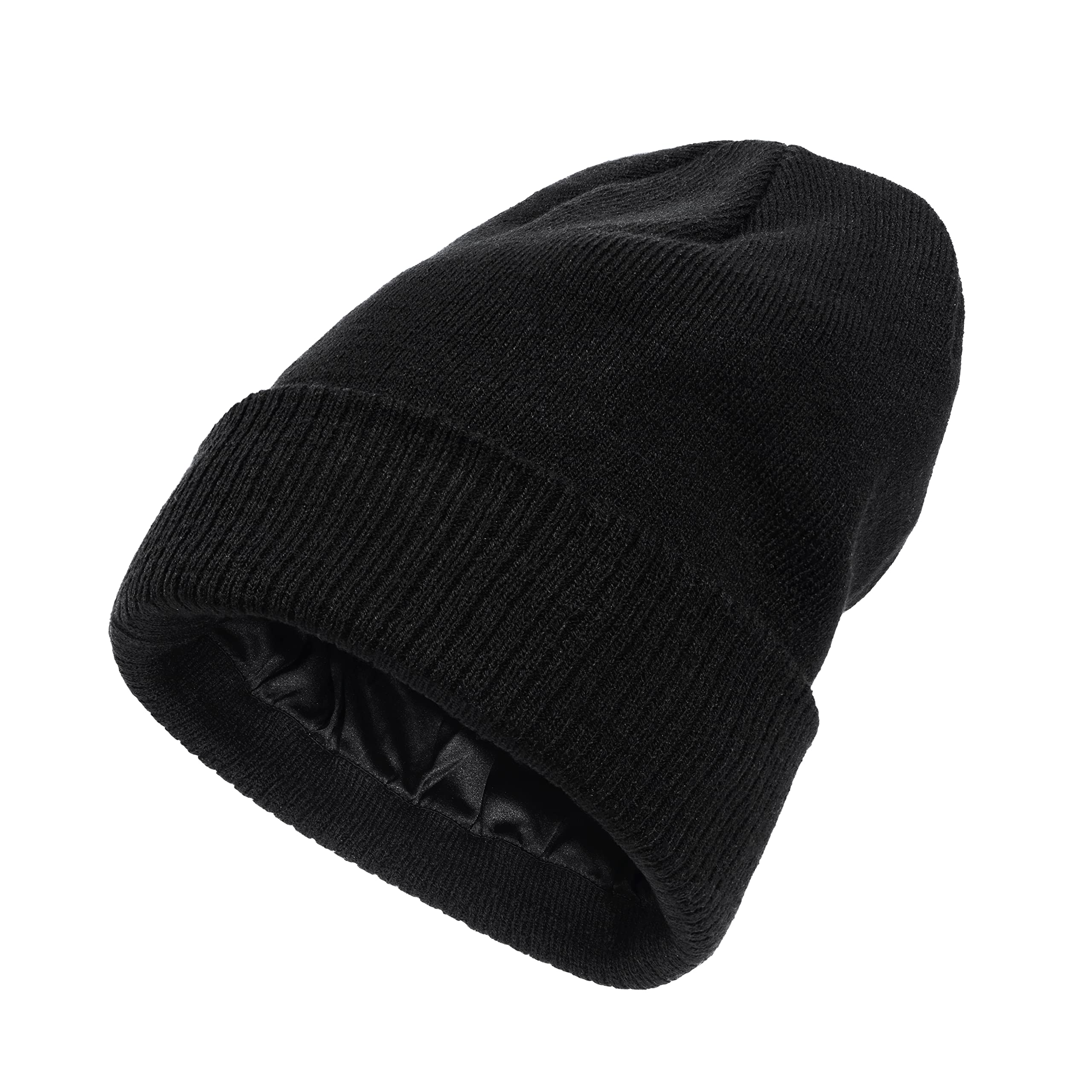 Silk Reine Mulberry Silk Lined Beanie (Unisex) – Black Knitted Hat with Pure Silk Lining – Warm – Soft & Slouchy/Suitable for All Seasons – Giftable Beanie for Men & Women