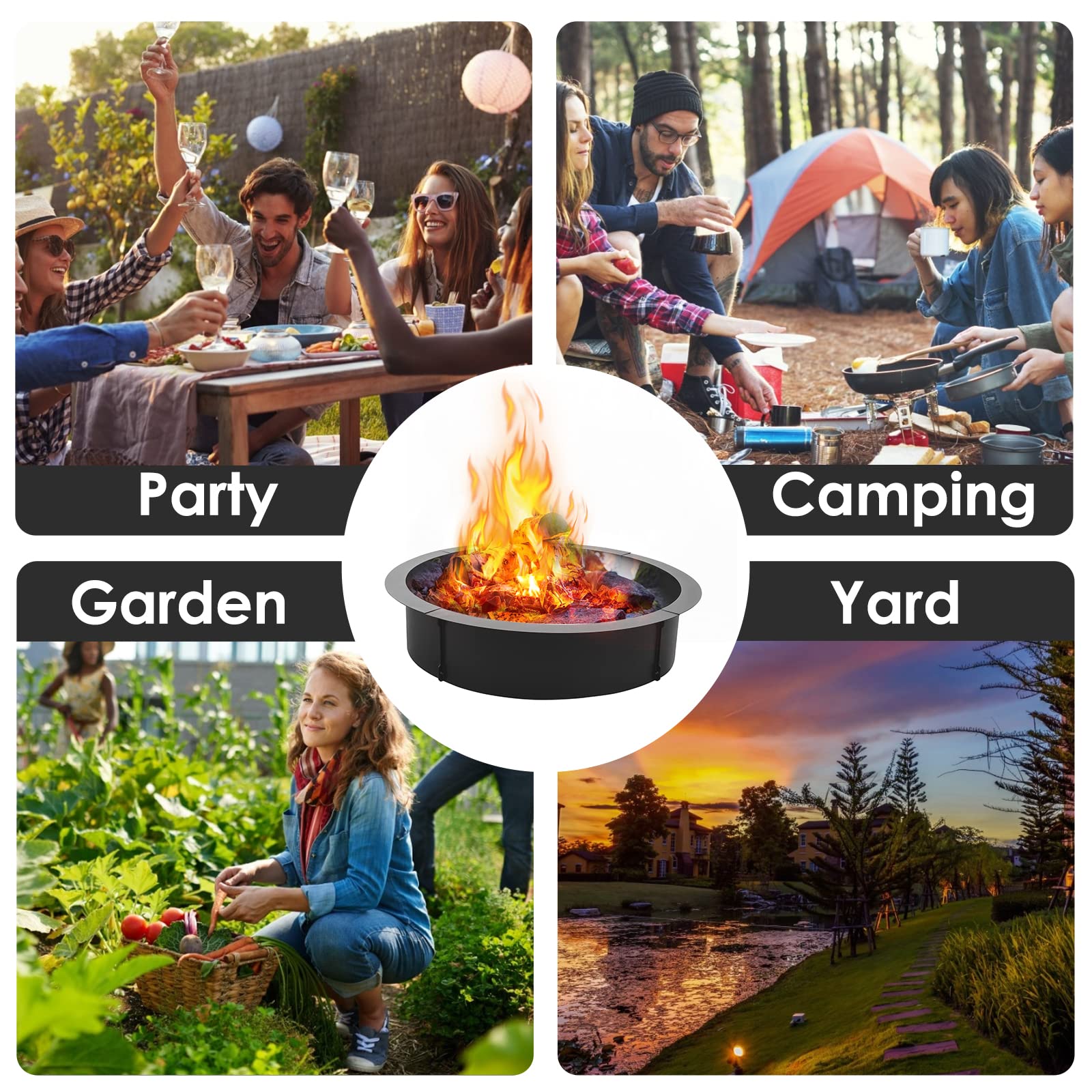 TELAM Outdoor Fire Pit Ring 45inch Fire Liner Wood Burning Firepits Campfire Ring Heavy Duty in/Above Ground Metal Fire Ring Kit Outdoor 45'' Outer 39'' Inner for BBQ Grill, Beach Camping