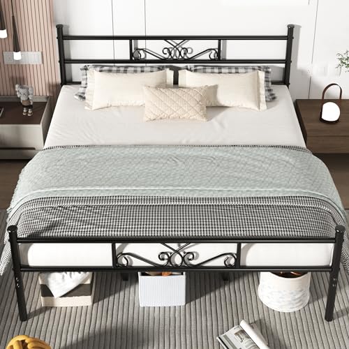 Metal Platform Bed Frame, Metal Bed Frame with 13 Heavy Duty Steel Slats, 12.4" Height Storage Space, No Box Spring Needed, Perfect for Dorm, Bedroom, Guest Room (Black, King Size)