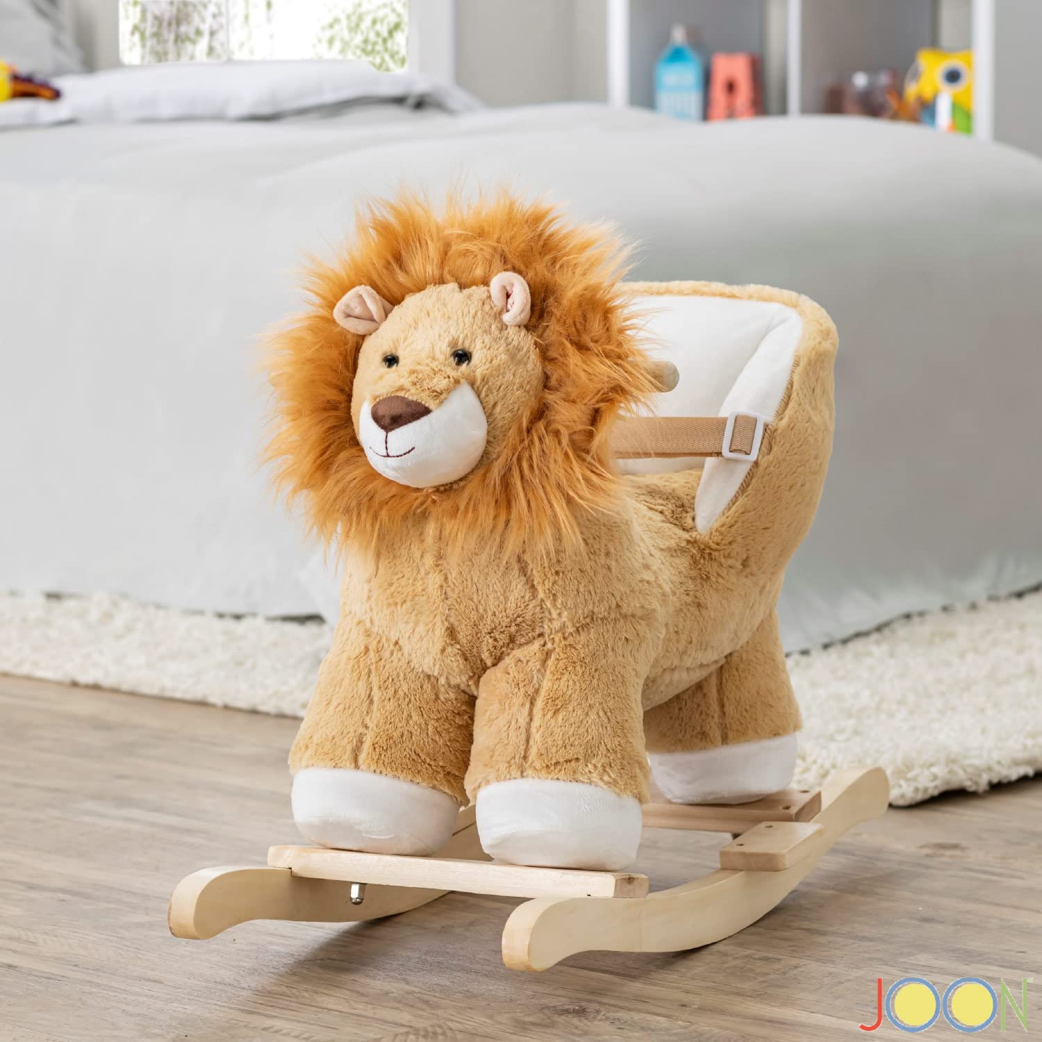 ROARY RIDE-ON CHAIR ROCKING HORSE LION by JOON, Great for Toddler Development, Very Soft Fabric, Safe Rocker with Sturdy Wood Handles & Base, Boost Imagination & Creativity with Lullaby Sounds, Tan
