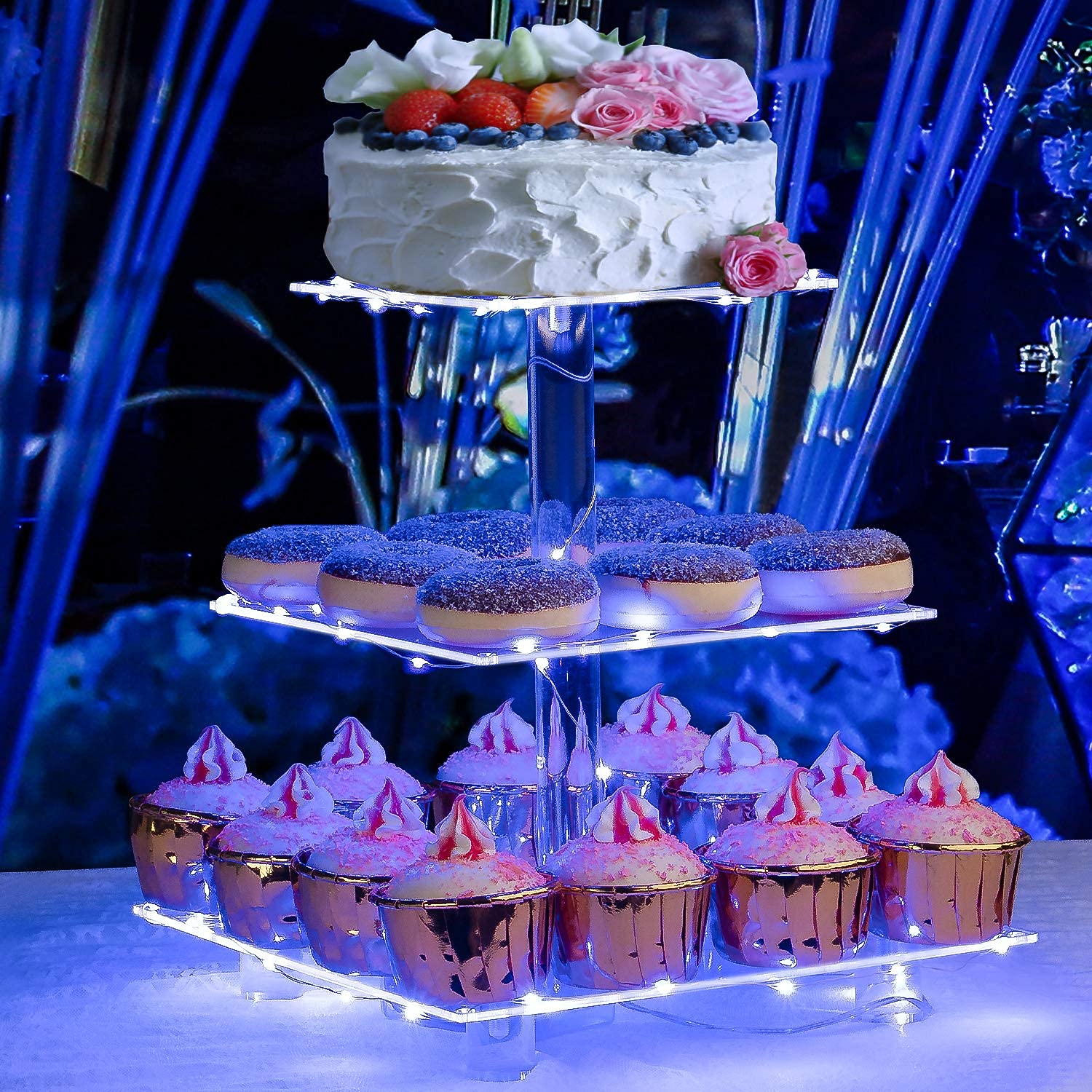 Pastry Stand 3 Tier Acrylic Cupcake Display Stand Light up Cake Stand Cupcake Holder Pastry Serving Platter Candy Bar Party Décor Wedding Birthday Holidays,Christmas(Blue Light)…