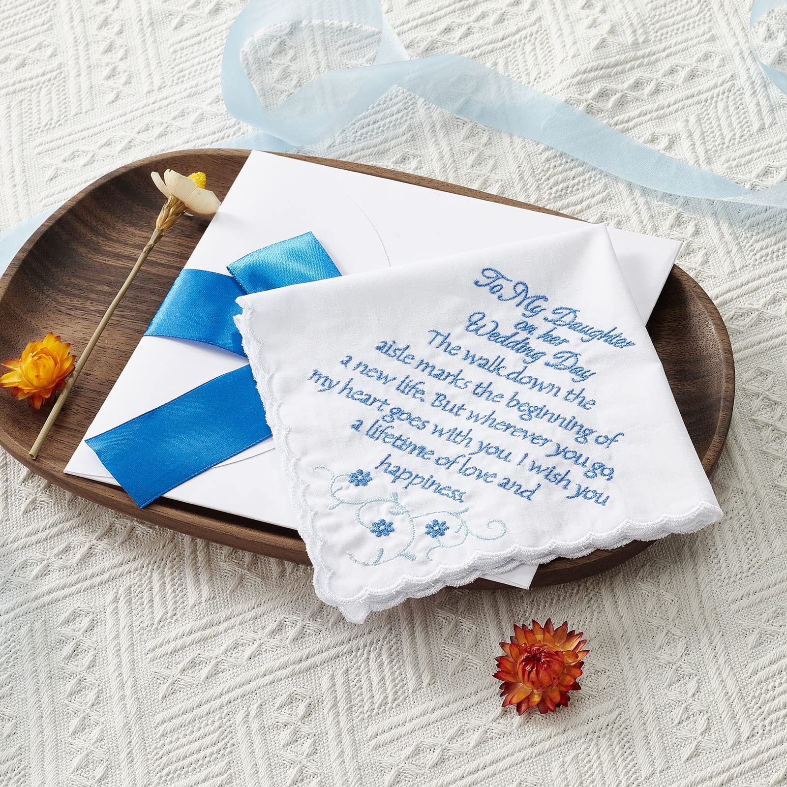 Wedding Handkerchief to My Daughter on Her Wedding Day Something Blue Bride Gift Embroidered Handkerchief (Style A)