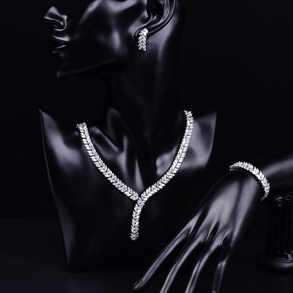 MASOP Sparkle Cubic Zircon Women Jewelry Set for Wedding Marquise Leaf Shape Bracelets Earrings Necklace