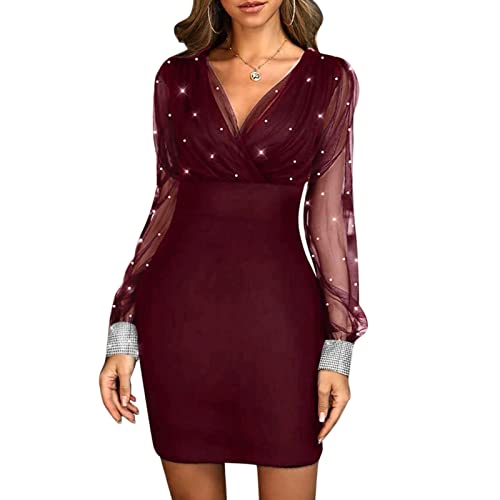 Pinkpaopao Lace Mesh Long Sleeve Wrap Dress for Women Sequins V Neck Elegant Party Dress Solid Color Patchwork Dress