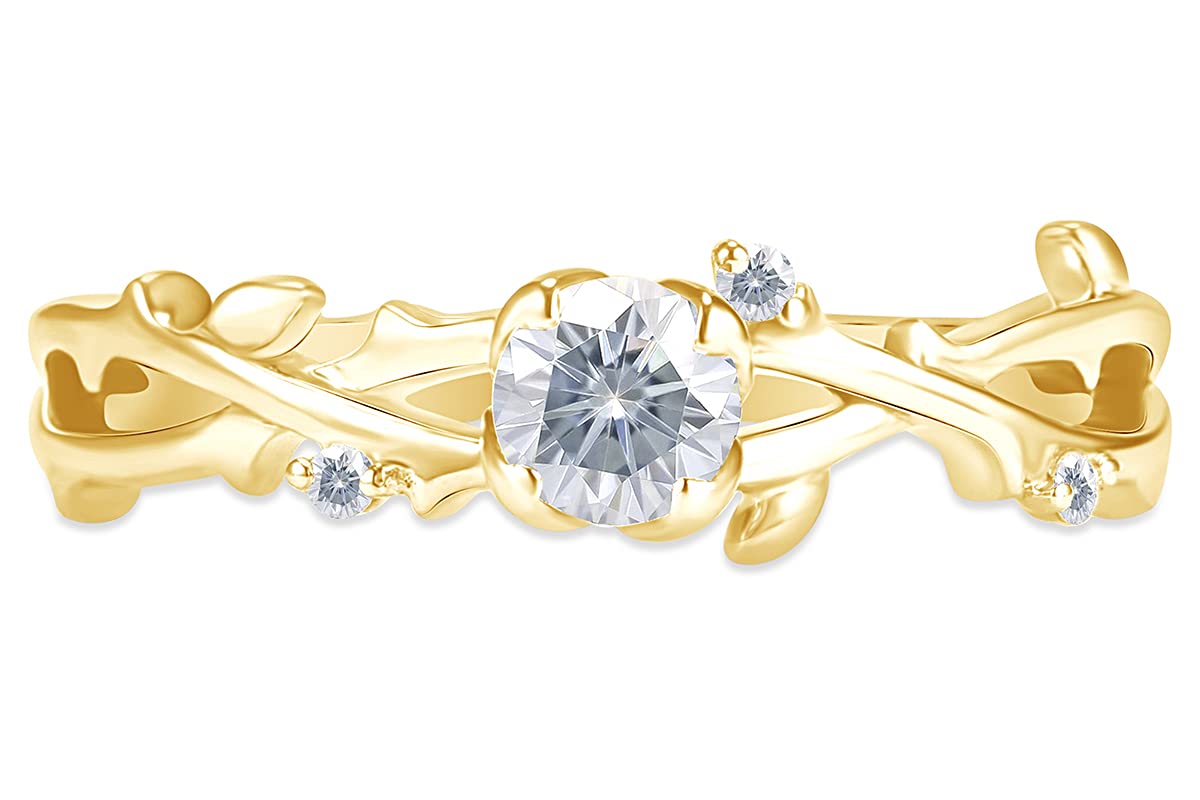 SAVEARTH DIAMONDS Twisted Leaf Design, 1/2 Carat Center Round Cut Moissanite Lab Created Diamond Solitaire Engagement Promise Ring In 14k Yellow Gold Over Sterling Silver (0.55 Cttw) Size-8