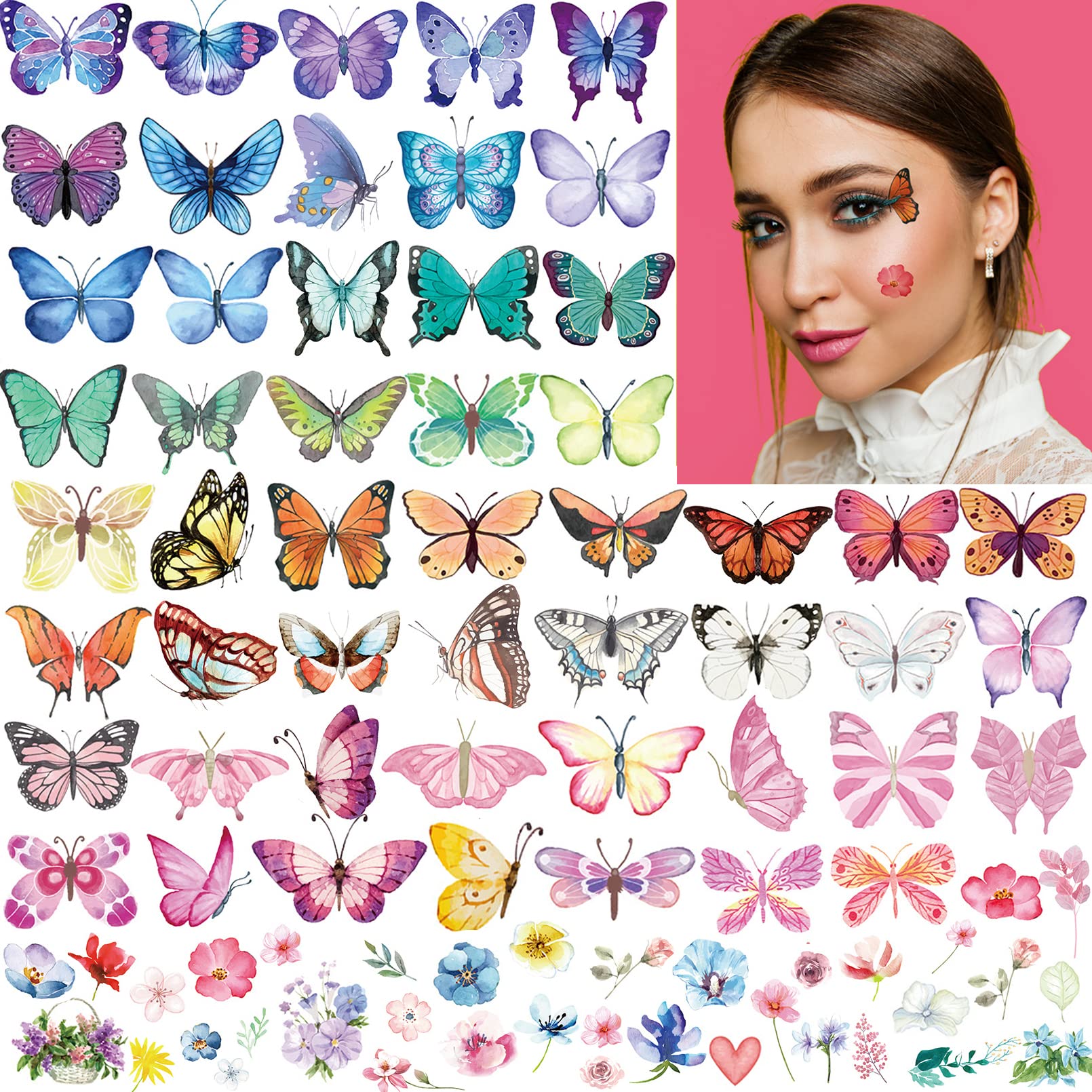 Onogola 100Pcs Butterfly Temporary Tattoos for Kids Women Girls, Fake Colorful Butterflies Wings Flower Tattoo Stickers Art Waterproof for Face Body Arm Birthday Party Favors Makeup Supplies Gifts