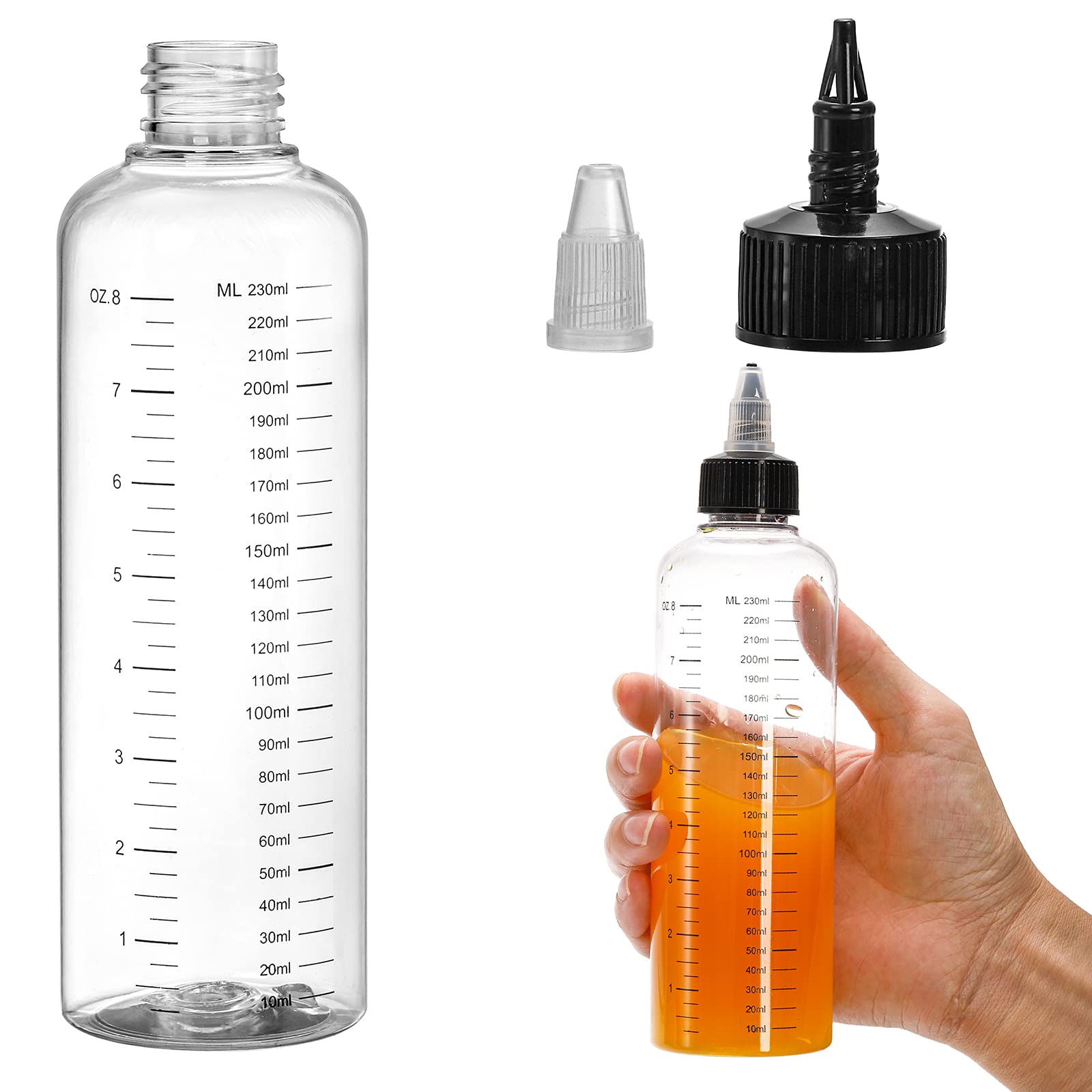 WUWEOT 20 Pack 8.5 oz Graduated Boston Dispensing Bottles, 250ml LDPE Plastic Squeeze Bottles, Empty Dropper Water Liquid Bottles with Twist Caps for Paint, Glue, Crafts, Ink, Liquids, Oil