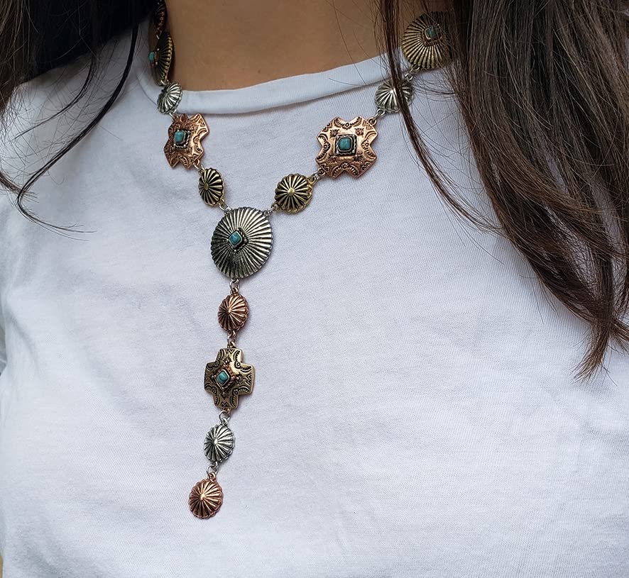 Rosemarie & Jubalee Women's Stunning Tri Toned Western Conchos With Semi Precious Turquoise Howlite Stone Y-Drop Collar Necklace, 17"+3" Extender