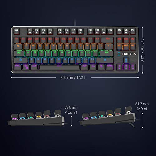OMOTON Mechanical Gaming Keyboard, Blue Switch Rainbow Backlit Wired Keyboard, 87-Key Anti-Ghosting Tenkeyless Keyboard for PC, Desktop, Gamer Computer, Black