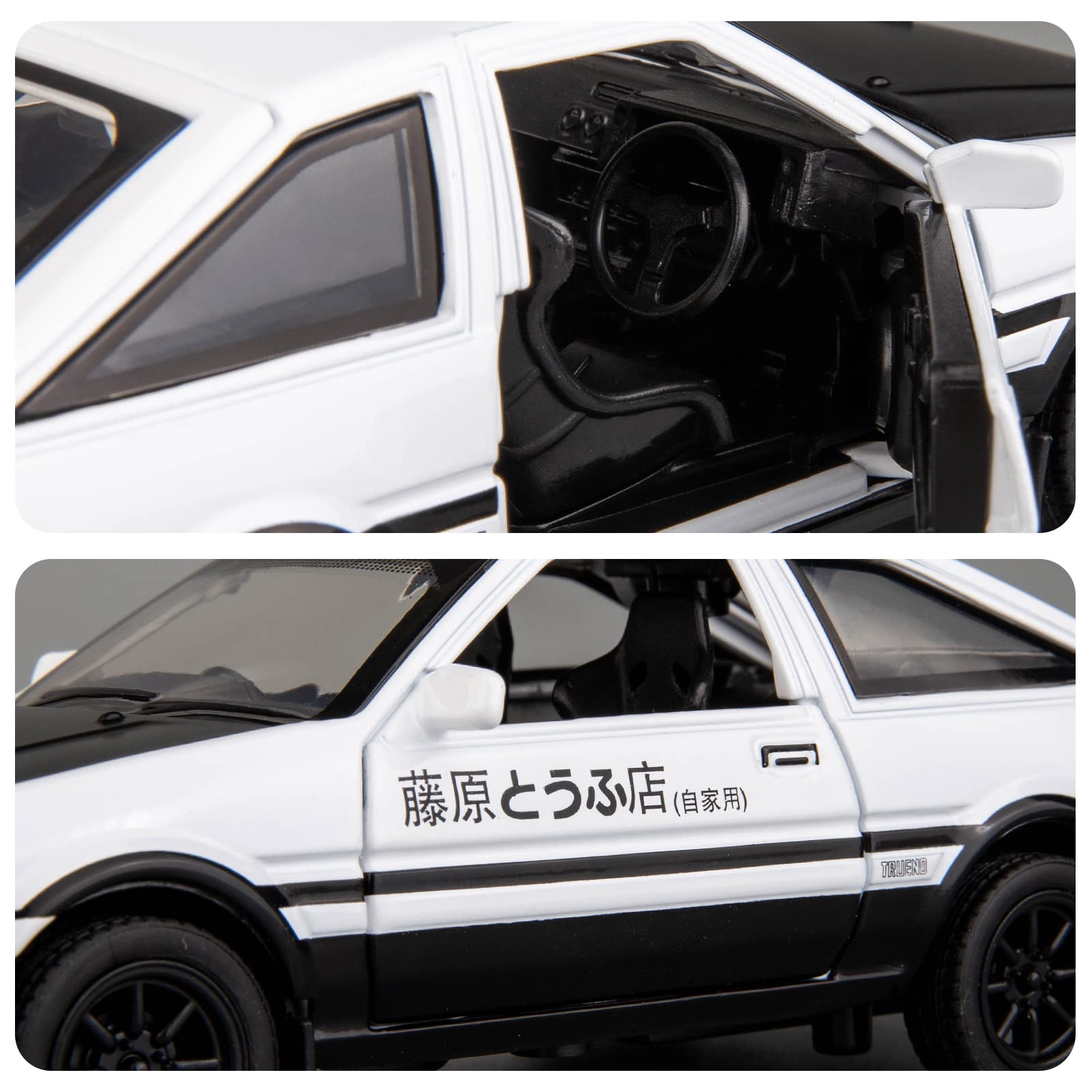 WAKAKAC Initial D AE86 Diecast Car Model Alloy Collectible Pull Back Toy Car with Light and Sound Toy Vehicle Door Can Be Opened(White&Black)