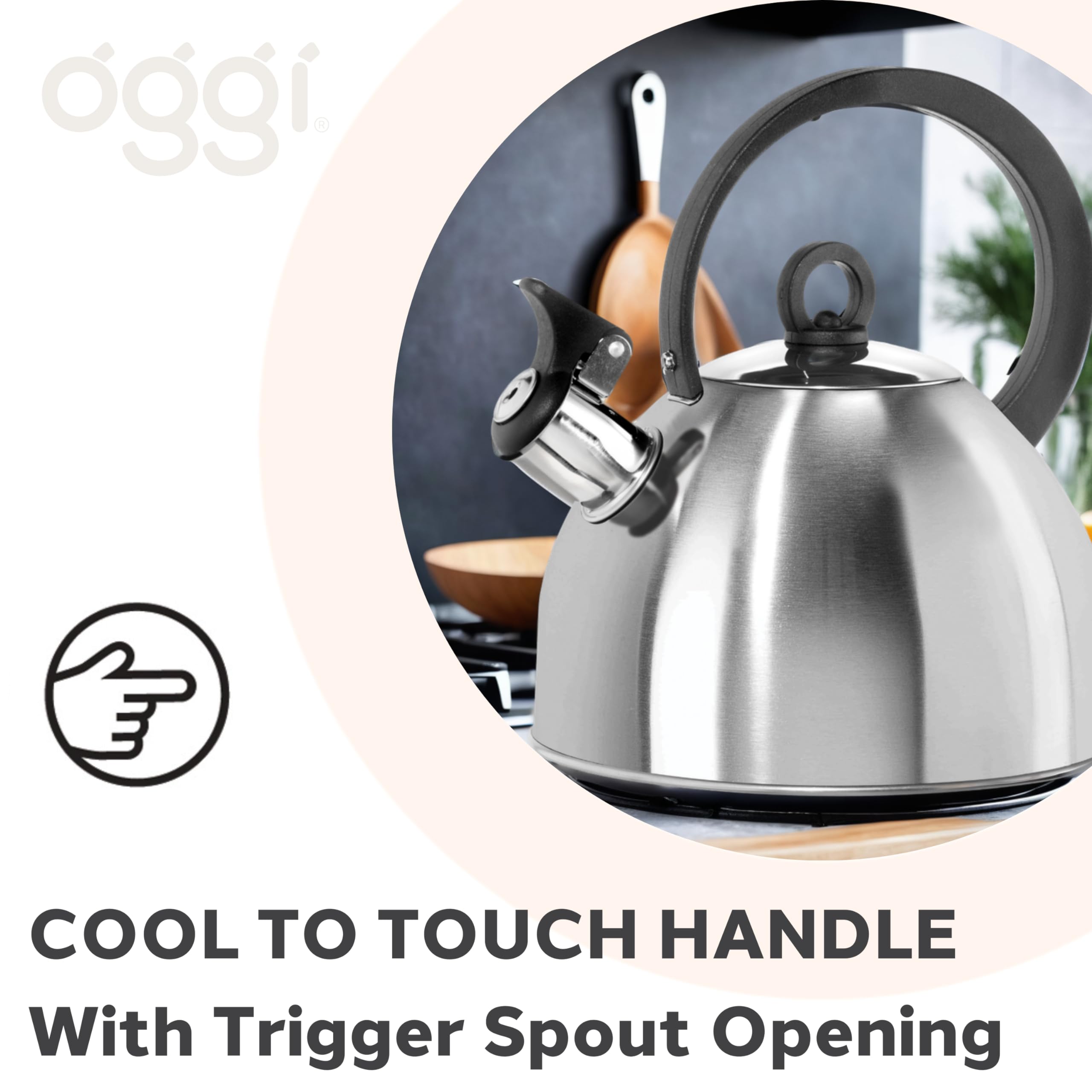 OGGI Tea Kettle for Stove Top - 64oz / 1.9lt, Stainless Steel Kettle with Loud Whistle, Ideal Hot Water Kettle and Water Boiler - Black