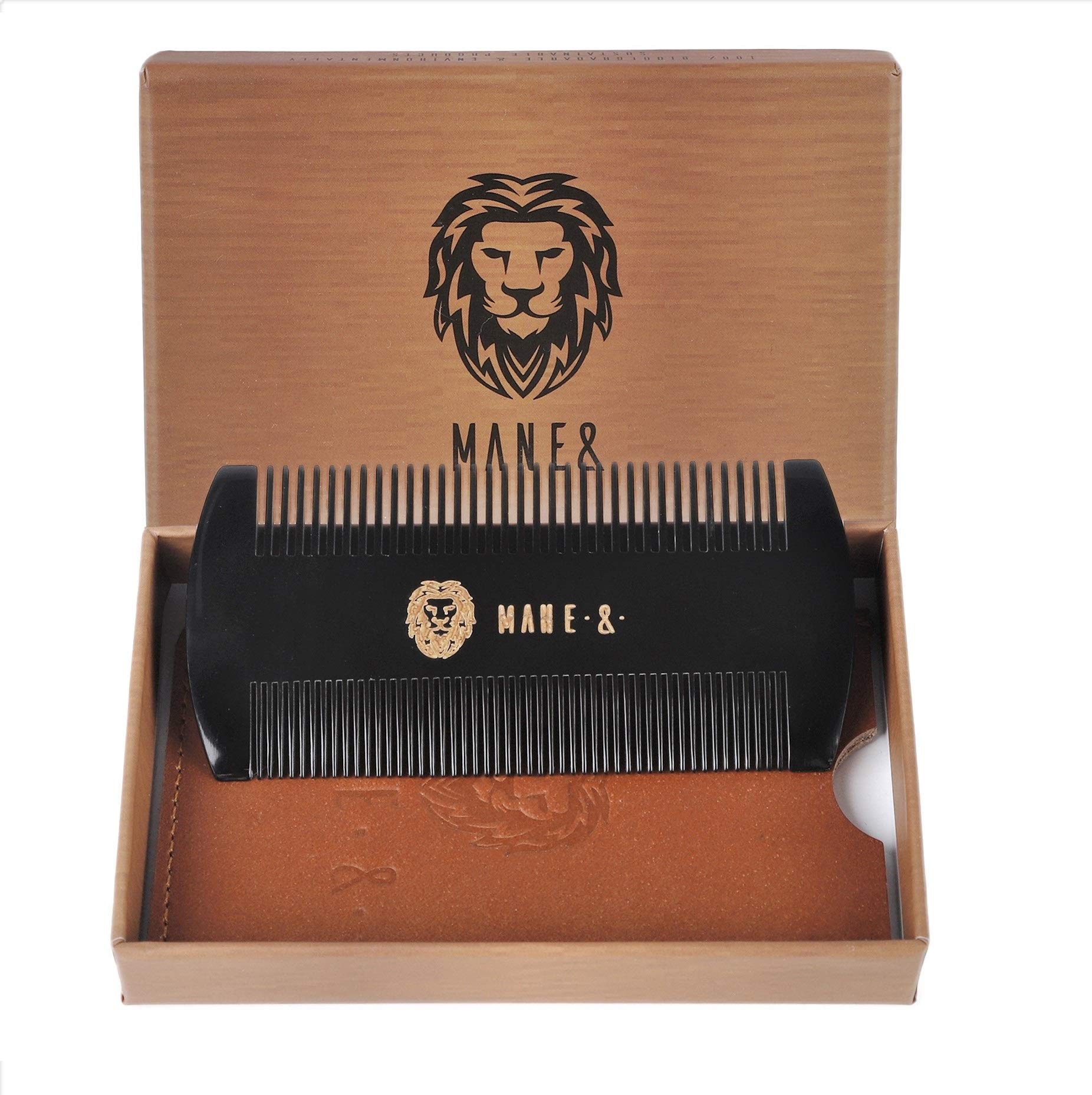 Premium 100% Oxhorn Dual-Action Beard Comb with Genuine Leather Case β the Perfect Beard Grooming Gift for Men by Man & Mane.