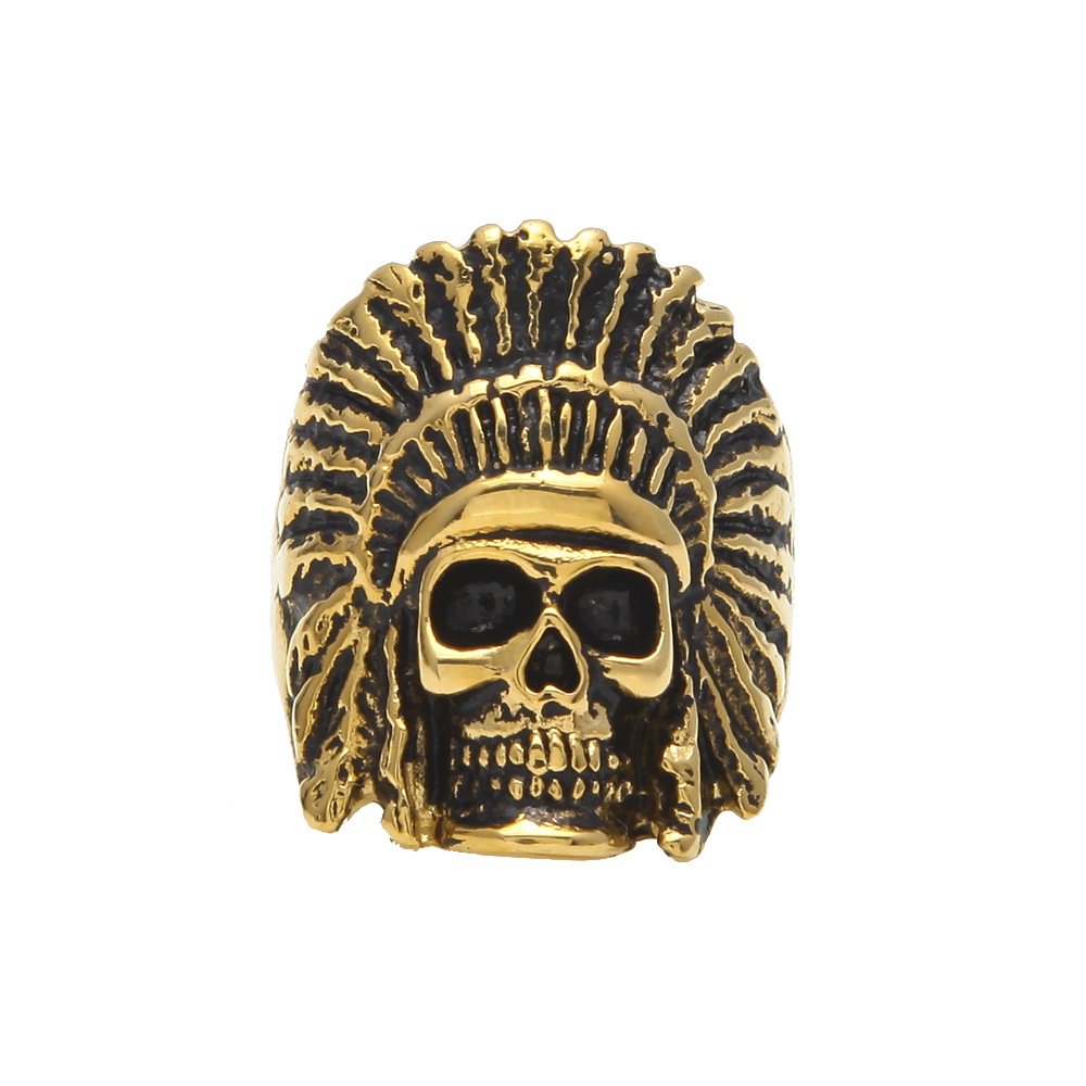 Moca Jewelry Cool Feather Dayak Indian Headdress Punk Skull 18K Gold Plated Hip Hop Stainless Steel Ring for Men Women