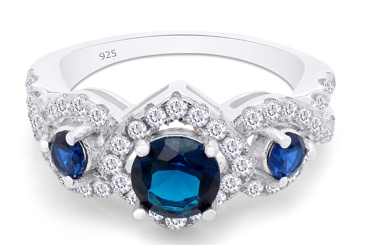 SAVEARTH DIAMONDS Infinity Style, Center 5MM Round Cut Simulated Blue Sapphire And Cubic Zirconia Three Stone Cluster Engagement Ring In 14k White Gold Over Sterling Silver For Women Size-10