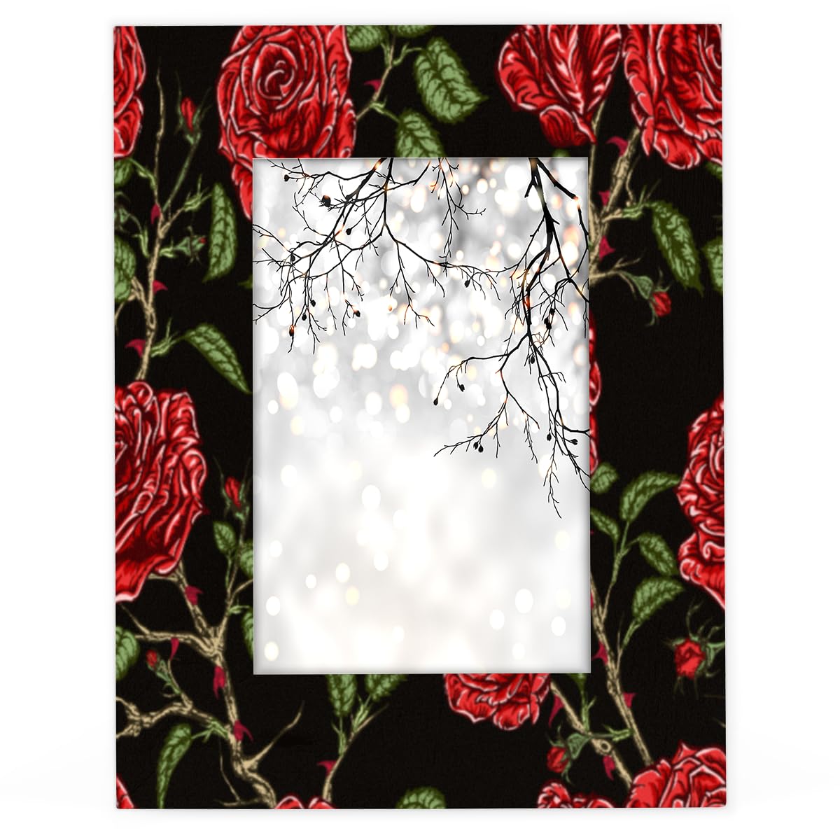 POFATO Skull Red Roses Stems 4x6 Picture Frame Wood Photo Frame for Tabletop Display Wall Mount Picture Frame Display 4x 6 Inch Photo Wall Decor Home Gift Frames