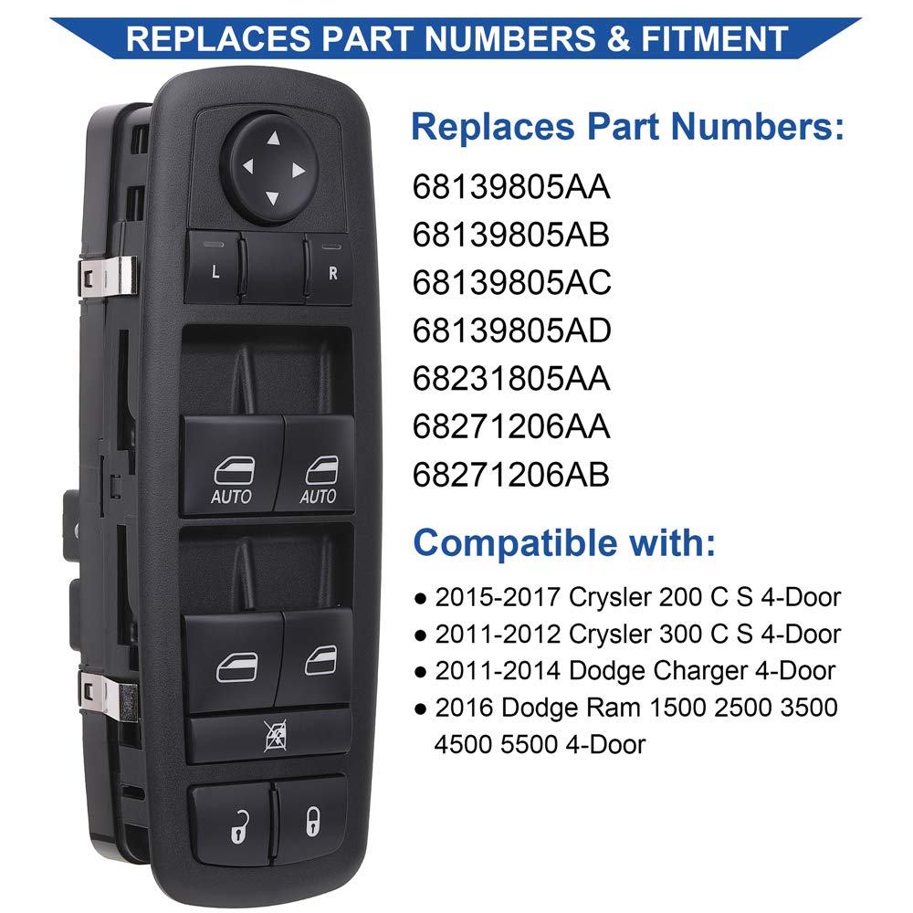 Obaee Front Left Window Switch 68231805AA Compatible with 2011-2012 Chrysler 300, 2015-2017 Chrysler 200, 2011-2014 Dodge Charger, 2016 Ram 1500 2500 3500 4500 5500 4-Door Replace 68139805AB