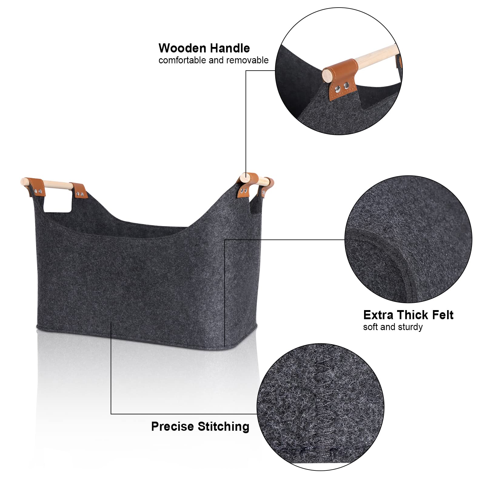 Sindax Storage Basket Felt, Foldable Storage Bin with Wood Handles, Storage Box for Office Bedroom Nursery Laundry Books Clothes Toys Organizing - 15.7" x 9.8" x 11" Grey