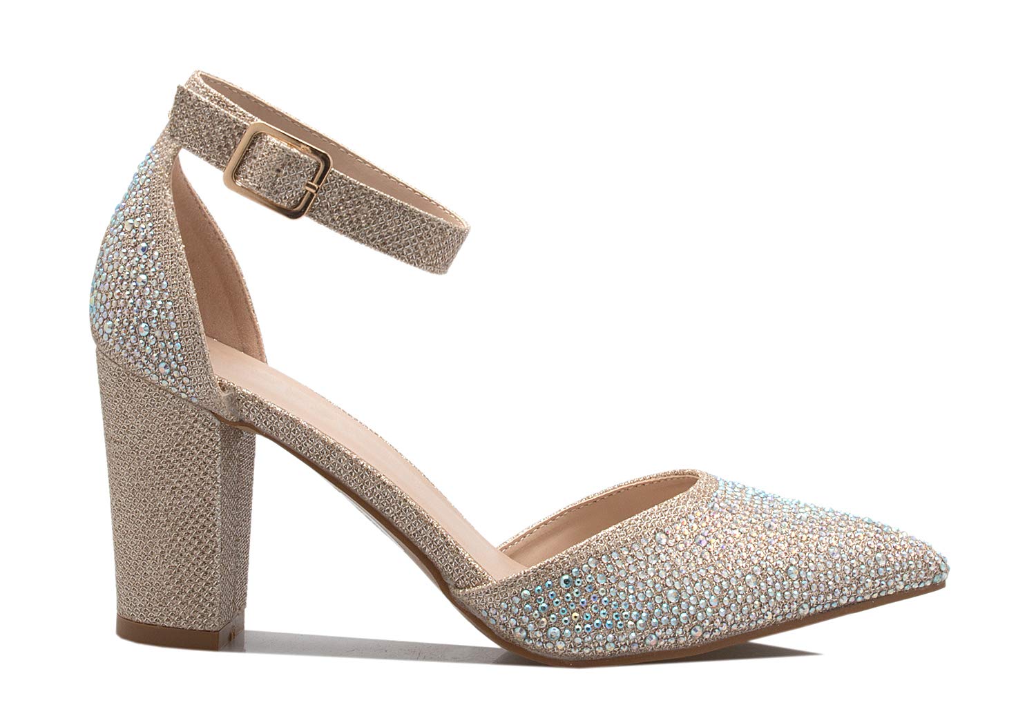 Olivia K Women's Sexy D'Orsay Ankle Strap Pointed Toe Block Heel Pump - Classic, Comfortable (9, Champagne Glitter, numeric_9)