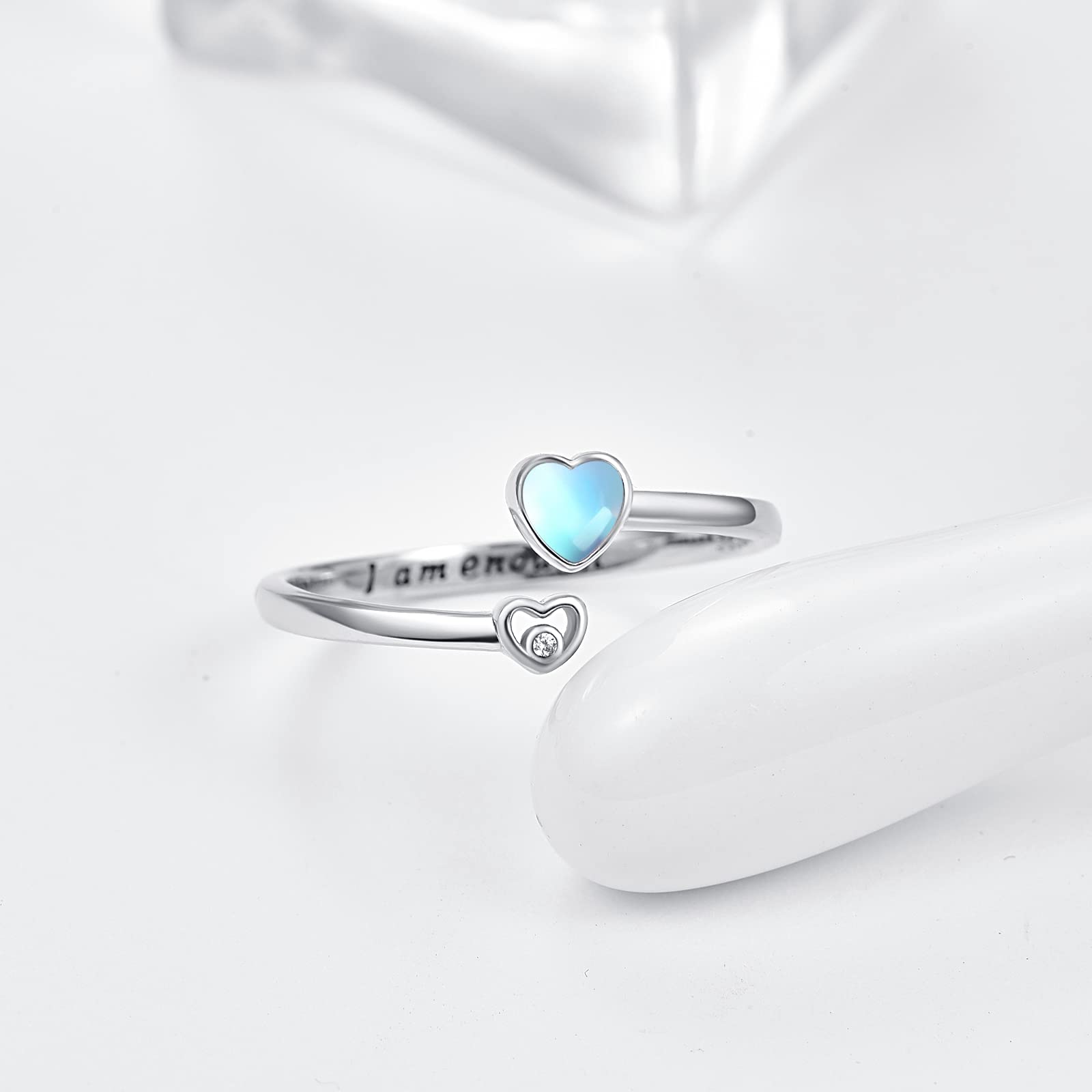PRAYMOS Moonstone Rings for Women 925 Sterling Silver Adjustable Wrap Open Ring I am Enough Rings Inspirational Jewelry Gift