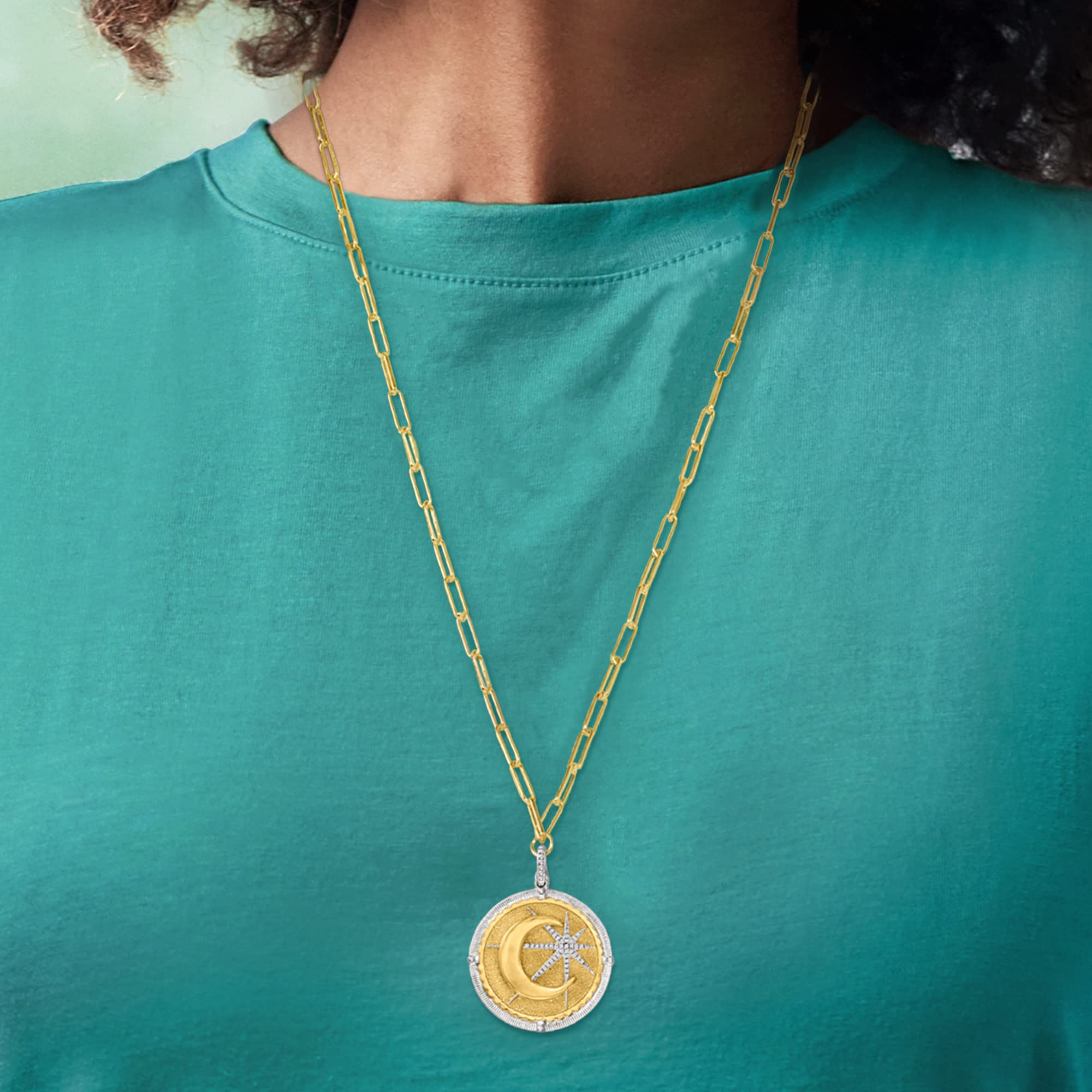 Ross-Simons 0.10 ct. t.w. Diamond Moon and Star Pendant Necklace in 2-Tone Sterling Silver. 20 inches