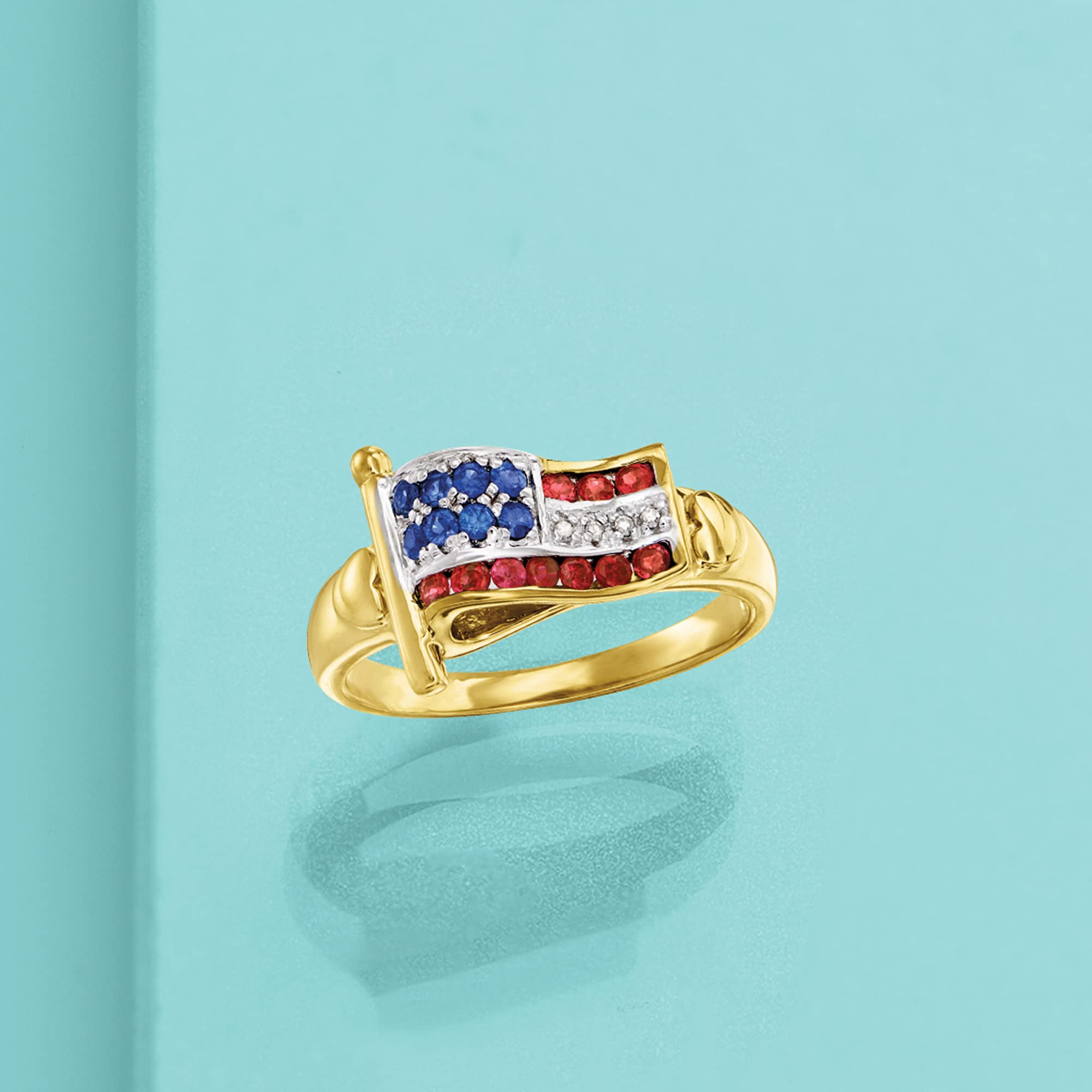 Ross-Simons 0.20 ct. t.w. Ruby and .16 ct. t.w. Sapphire American Flag Ring With Diamond Accents in 18kt Gold Over Sterling. Size 6