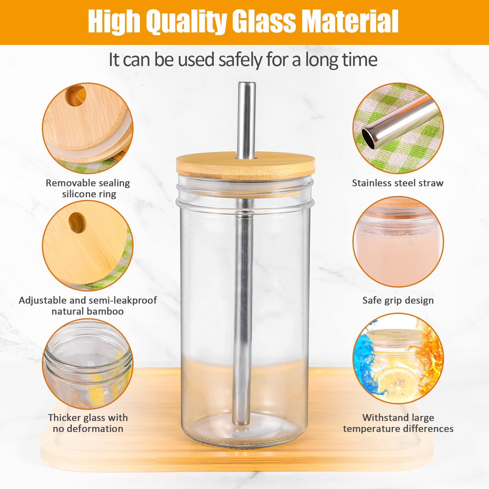 Qmioti 4 Pack Mason Jar with Lid and Straw, 22oz Wide Mouth Glass Cups, Reusable Drinking Glasses for Coffee, Juicing, Bubble Tea, Smoothie