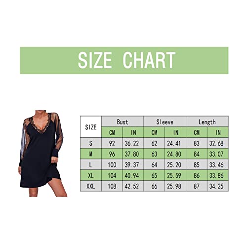 Pinkpaopao Solid Color Mini Dress for Women Slim Mesh Pull On Splicing Long Sleeve Round Neck Dress
