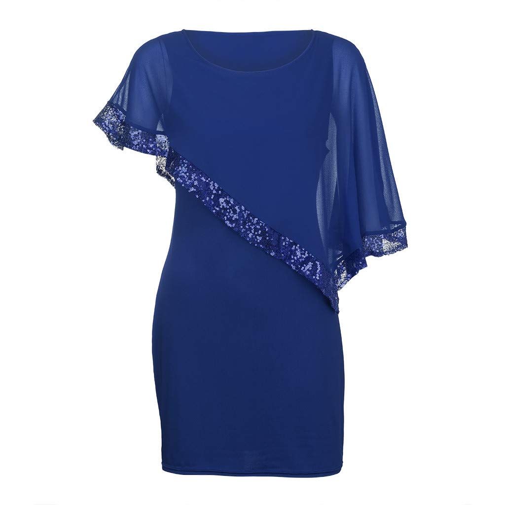 Mikilon Plus Size S-5XL Cold Shoulder Mini Dress for Women Sexy Shawl O Neck Bodycon Blue