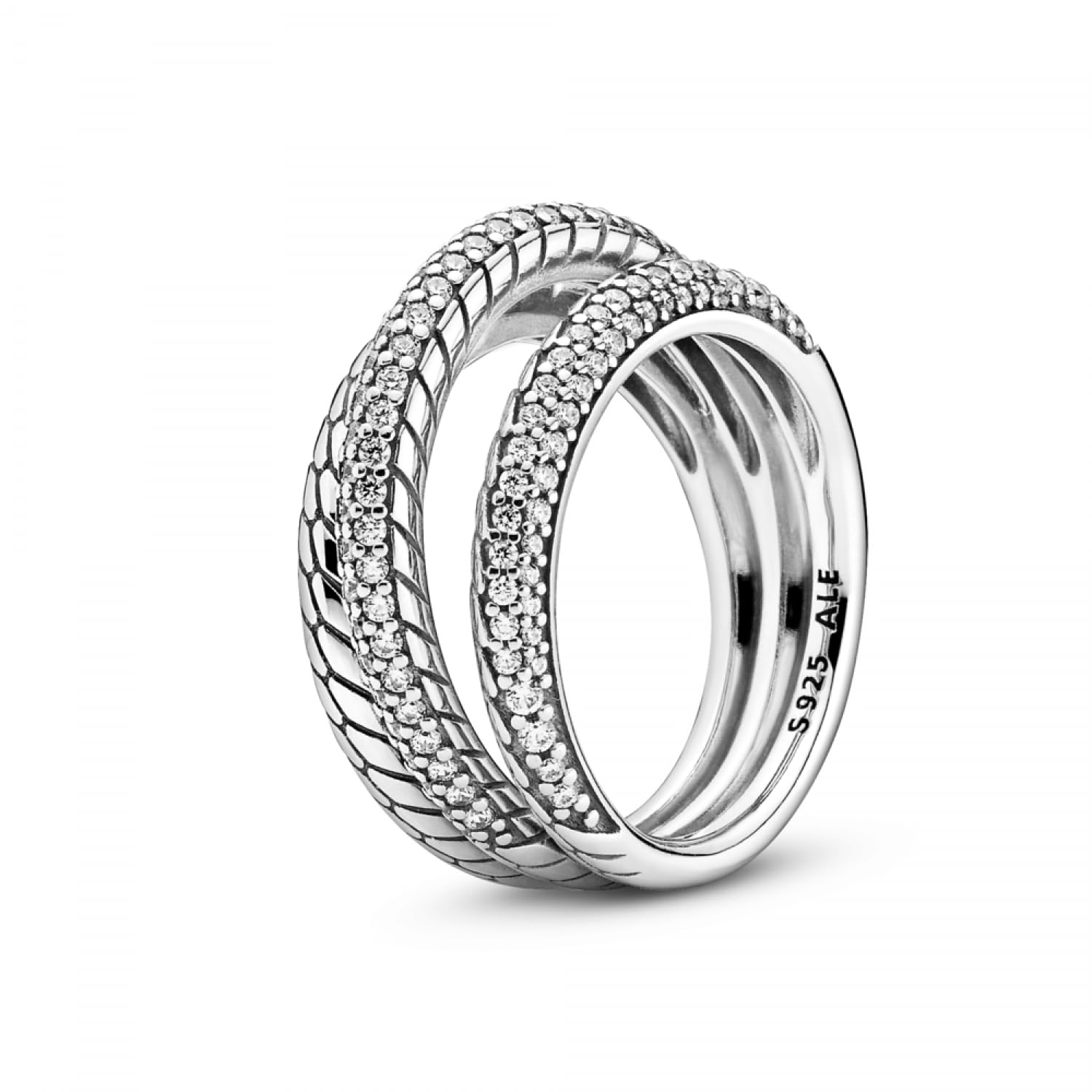 PANDORA Triple Band Pave Snake Chain Pattern, Clear CZ 925 Sterling Silver Ring, Size: EUR-52, US-6 - 199083C01-52