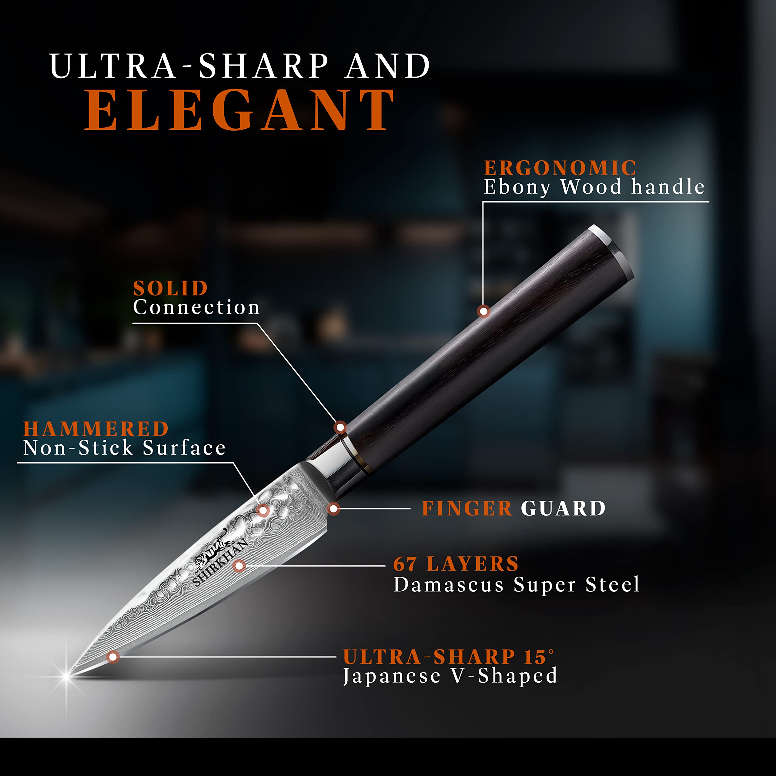SHIRKHAN Damascus Paring Knife 3.5 Inch - Ultra Sharp Japanese Kitchen Fruit Knife - 67 Layers High Carbon Hand Hammered Steel Blade 10Cr15CoMoV - Ergonomic Ebony Wood Handle - Gift Box