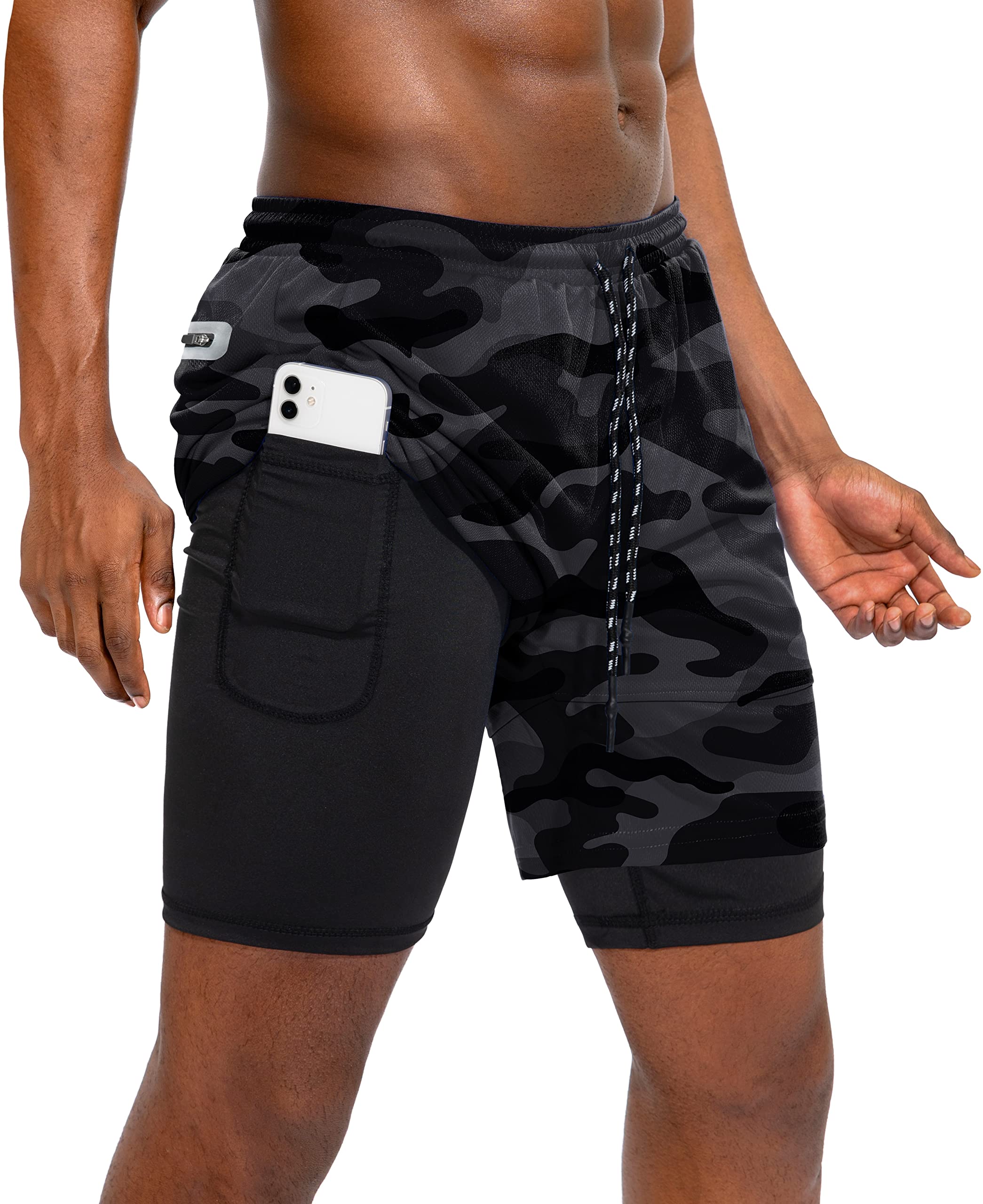 Pinkbomb Men's 2 in 1 Workout Running Shorts with Phone Pocket Quick Dry Athletic Gym Shorts for Men with Zippered Pocket Grey Camo