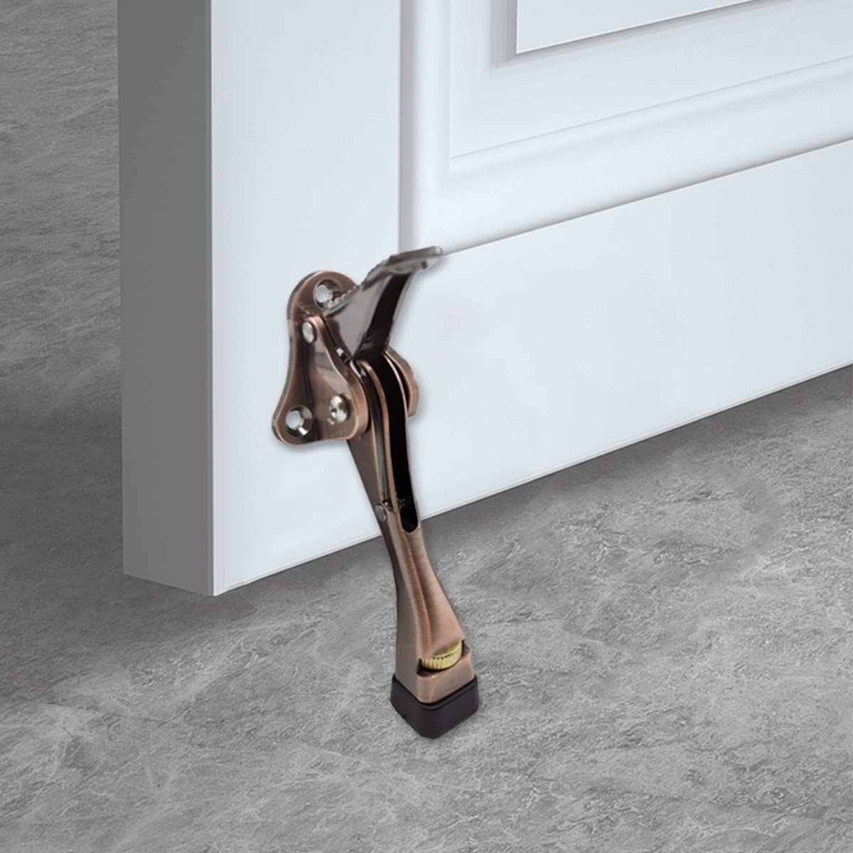 Premium One-Touch Door Stopper with Non-Slip Rubber Tip - Metal Design for Wood, Concrete, Ceramic Tiles, Carpets - 4-inch Size - Ideal for Home or Office Use (Antique Bronze)