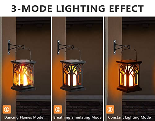 Tewei Solar Wall Lantern Outdoor Hanging Solar Lights, Flickering Flame Waterproof Solar Wall Sconce 3-Lighting Mode, Hanging Solar Lamps Patio Light Fixture for Fence Porch and Yard, 2 Pack